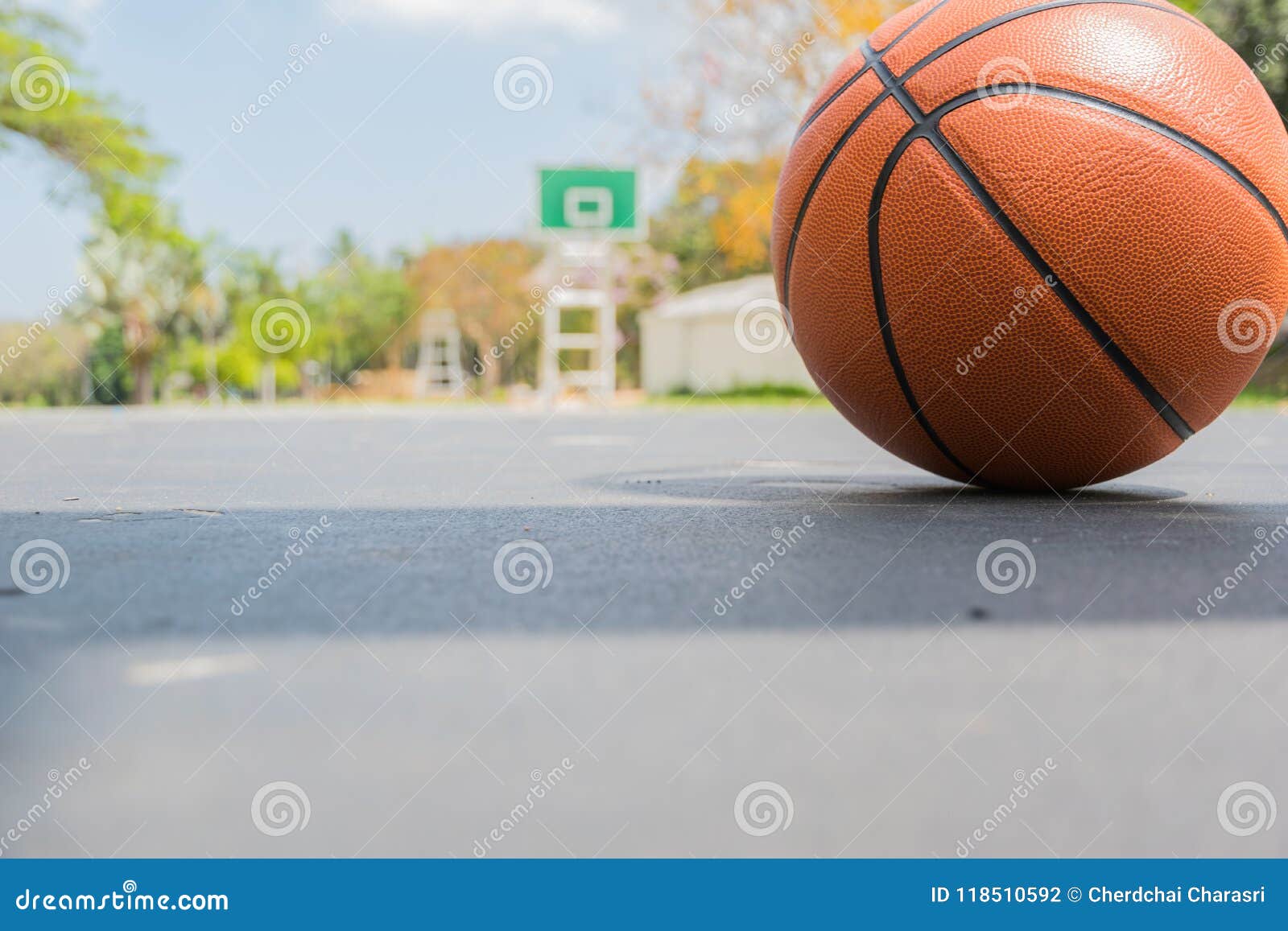 Basketball on Basketball Field on Front View with Copy Space Stock ...
