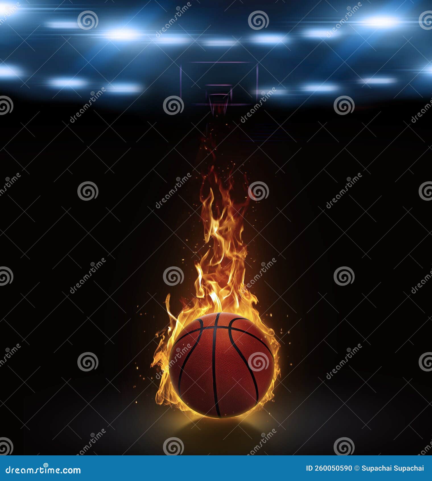 Basketball on Fire on an Basketball Court Stock Illustration ...