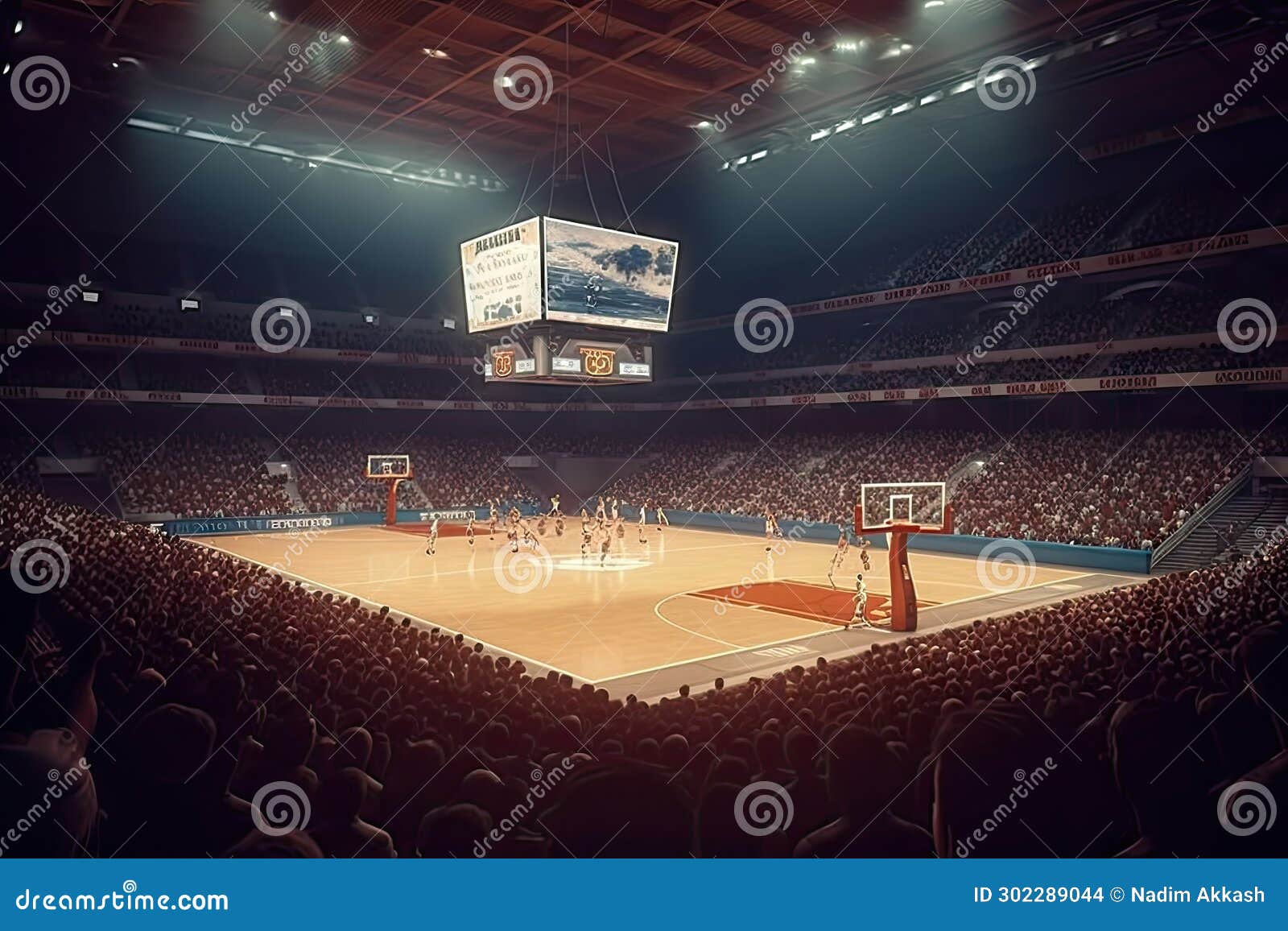 A Basketball Game Progress, Packed Stadium Cheering Their Favorite Team ...