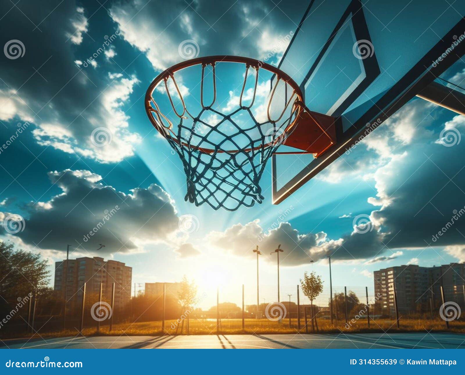 A Basketball Hoop Backlit by the Sun with a Summer Blue Sky Stock ...