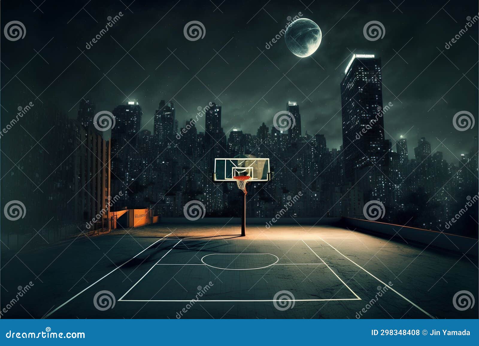 Basketball Hoop and City at Night, 3d Render Illustration. Stock ...