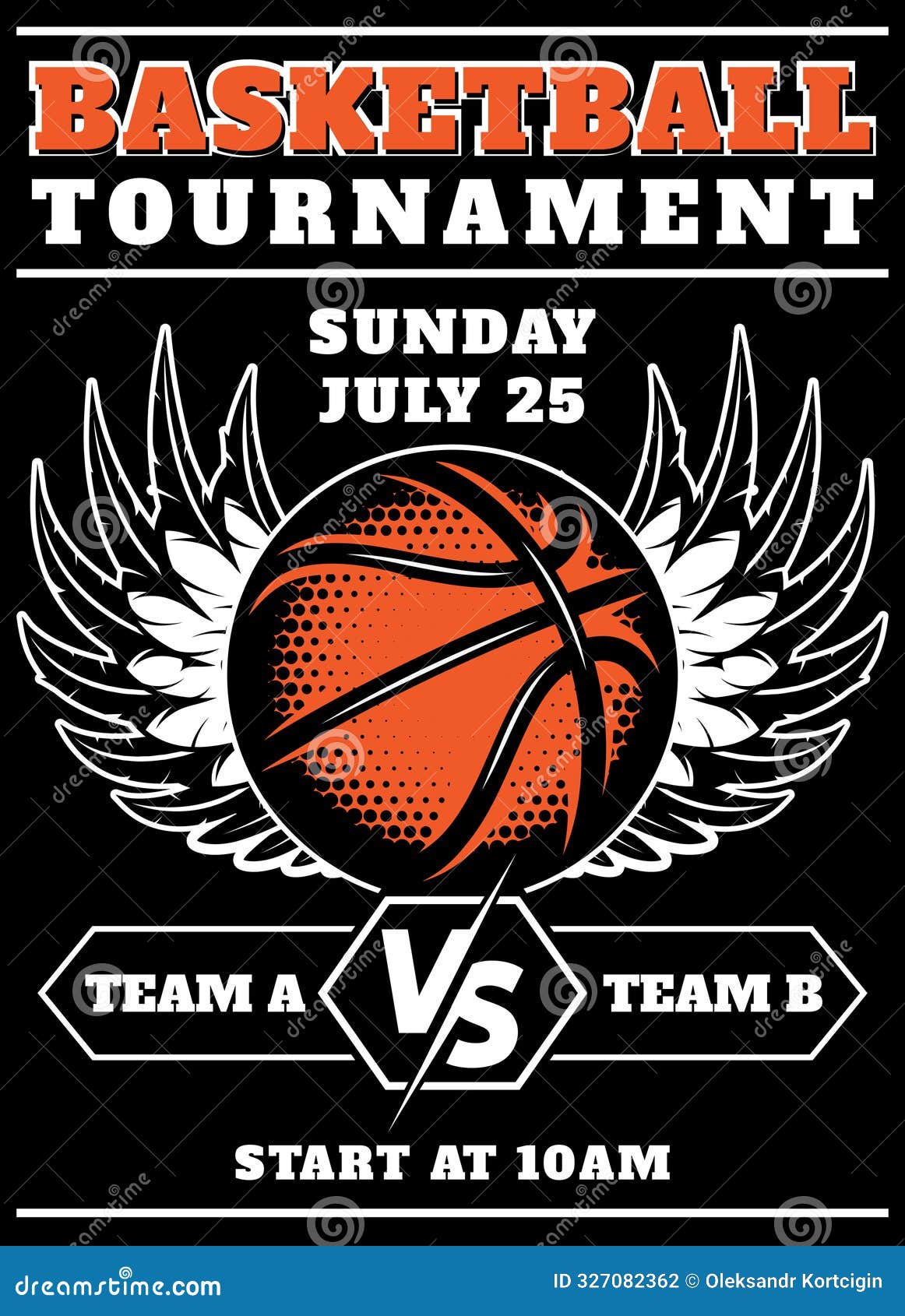 Basketball Match Poster with Ball and Text on Black Background Stock ...