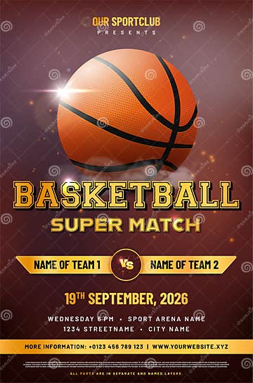 Basketball Match Poster Template with Ball and Sample Text Stock ...