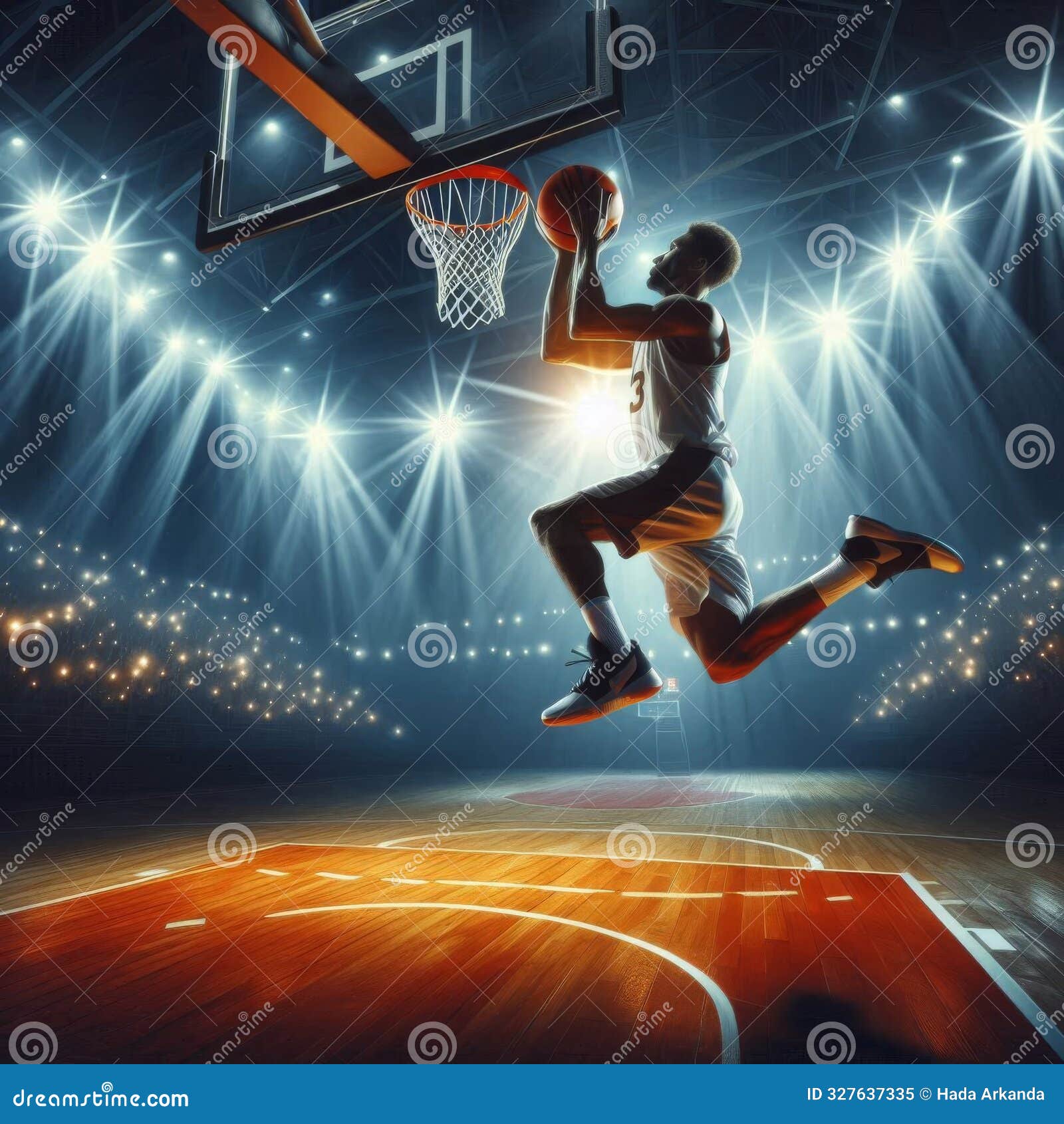 Basketball in Motion, Scoring through the Hoop with Bright Lights in ...