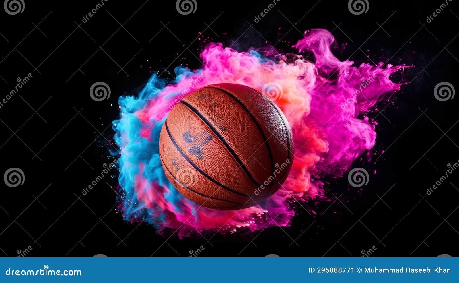 Basketball with Neon-colored Powder Explosion Isolated on a Black ...