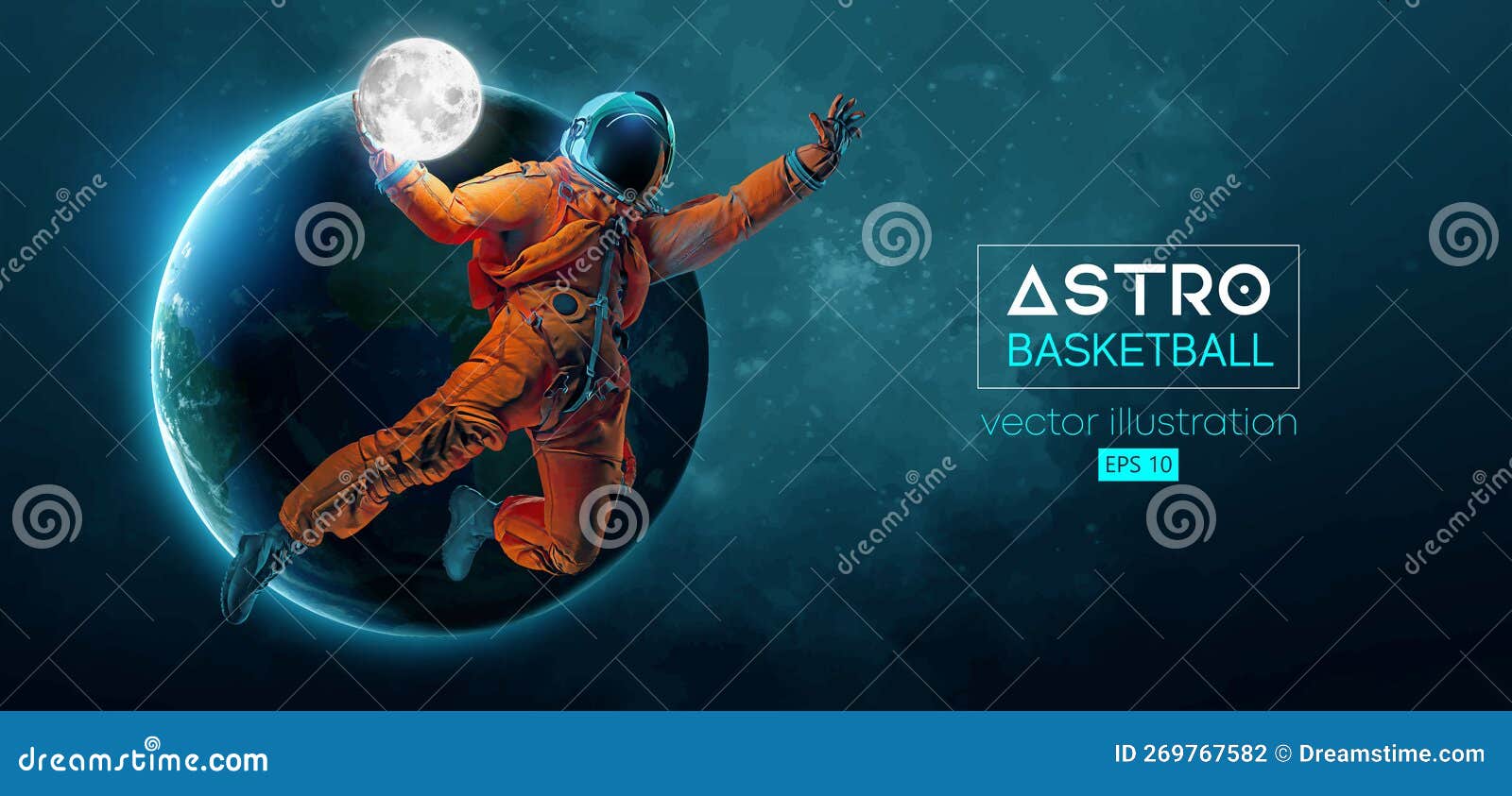 Basketball Player Astronaut in Space Action and Earth, Moon Planets on ...