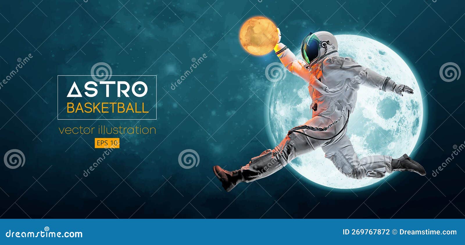 Basketball Player Astronaut in Space Action and Moon, Mars Planets on ...