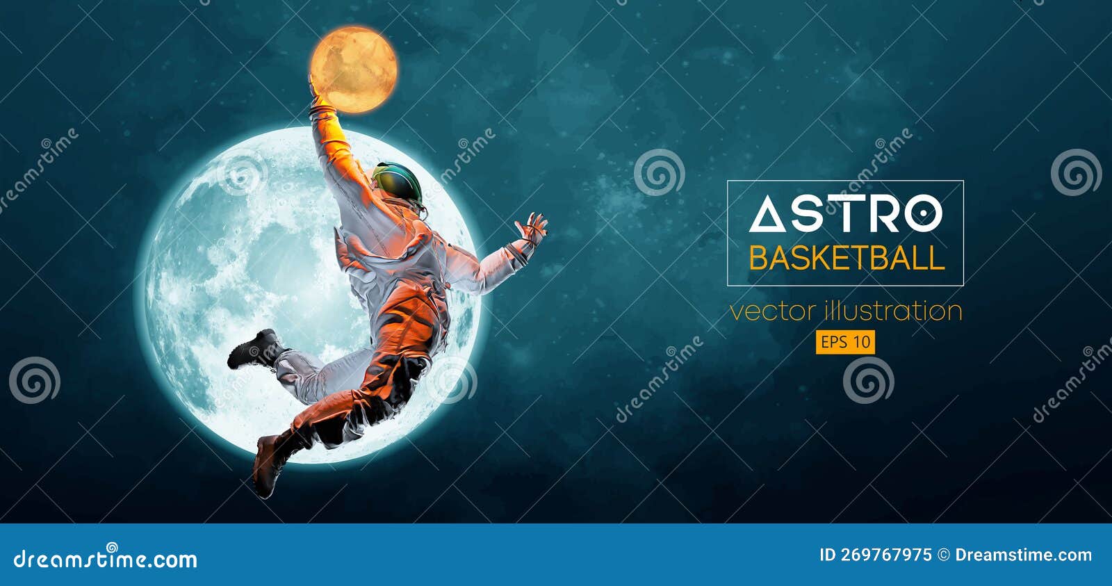 Basketball Player Astronaut in Space Action and Moon, Mars Planets on ...