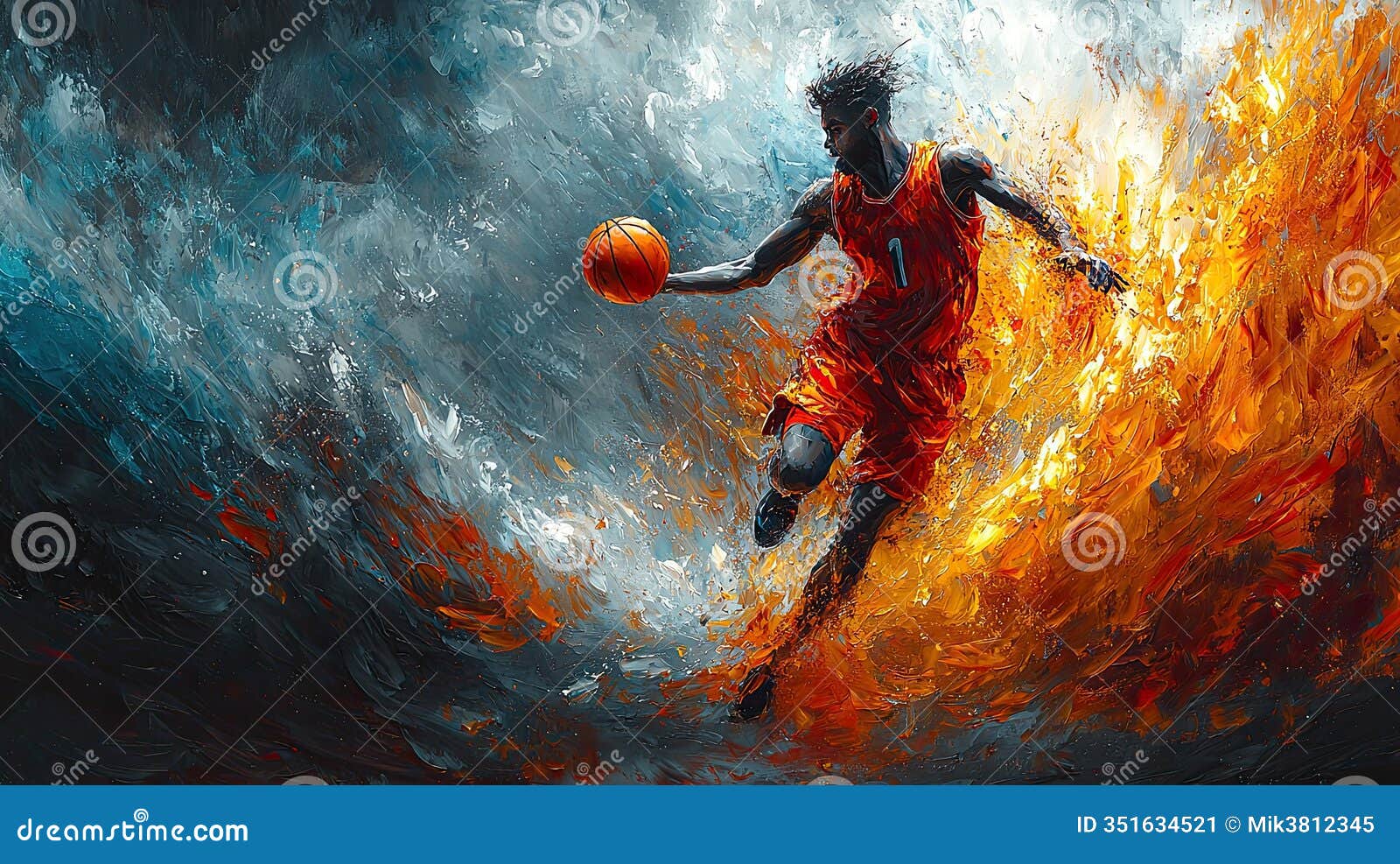 Basketball Player Charging through a Fiery Storm. Stock Illustration ...