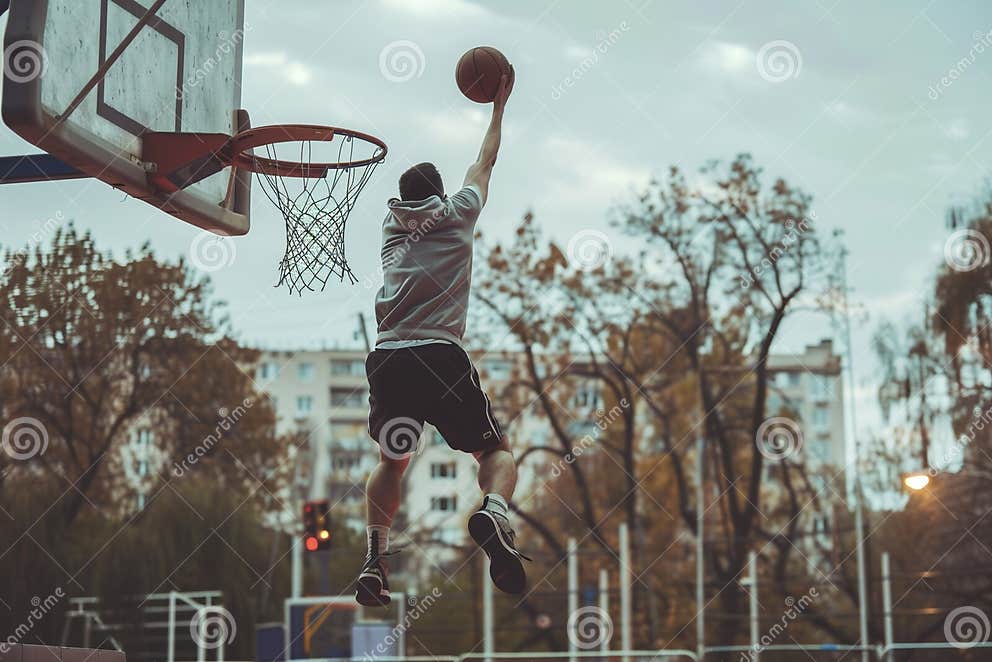 Basketball Player Jumped Up and Performs a Dunk with a Basketball in ...
