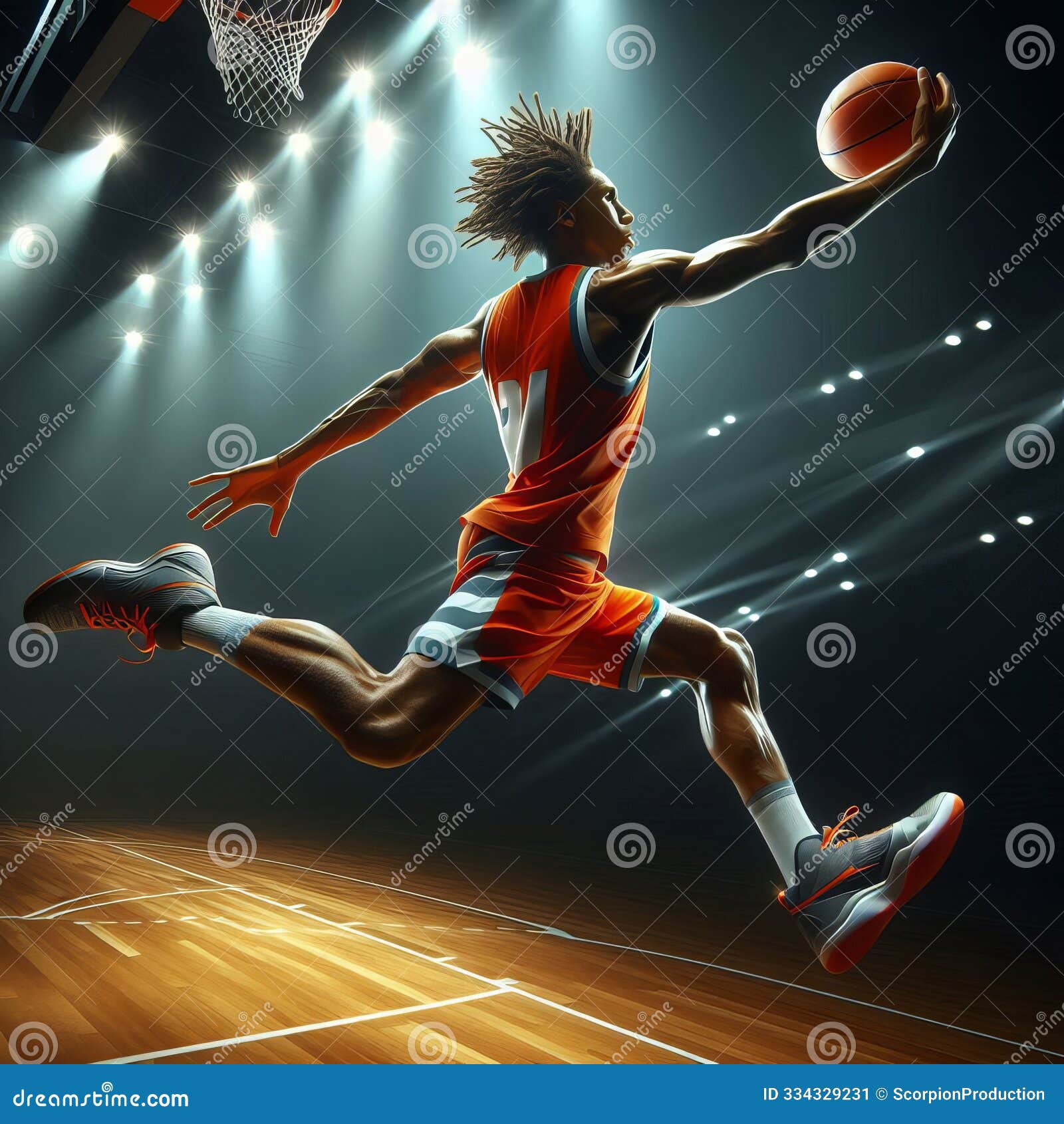 Basketball Player Making an Epic Dunk Under Bright Stadium Lights Stock ...