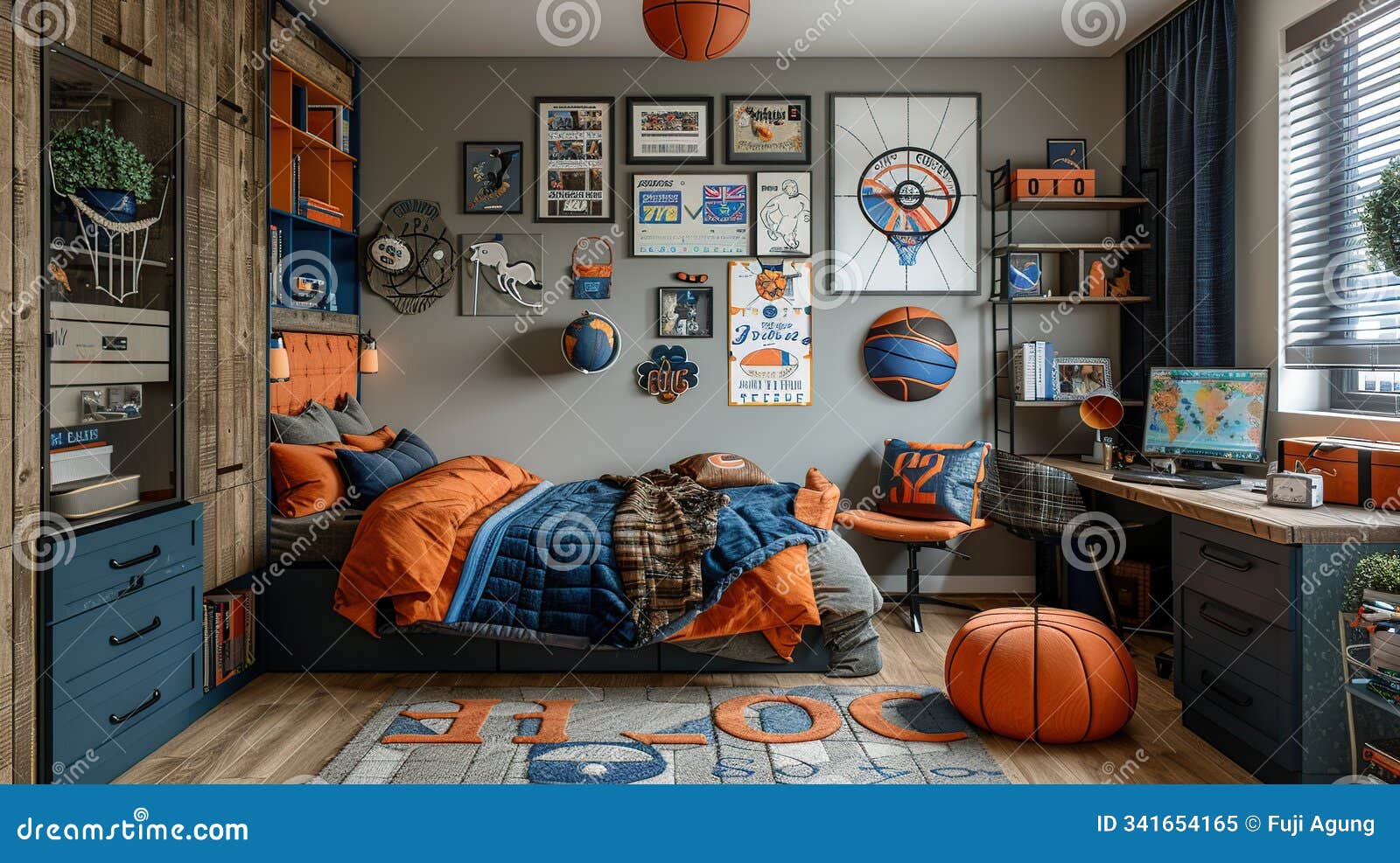 A Basketball Themed Bedroom with a Bed, Desk, and Basketball ...