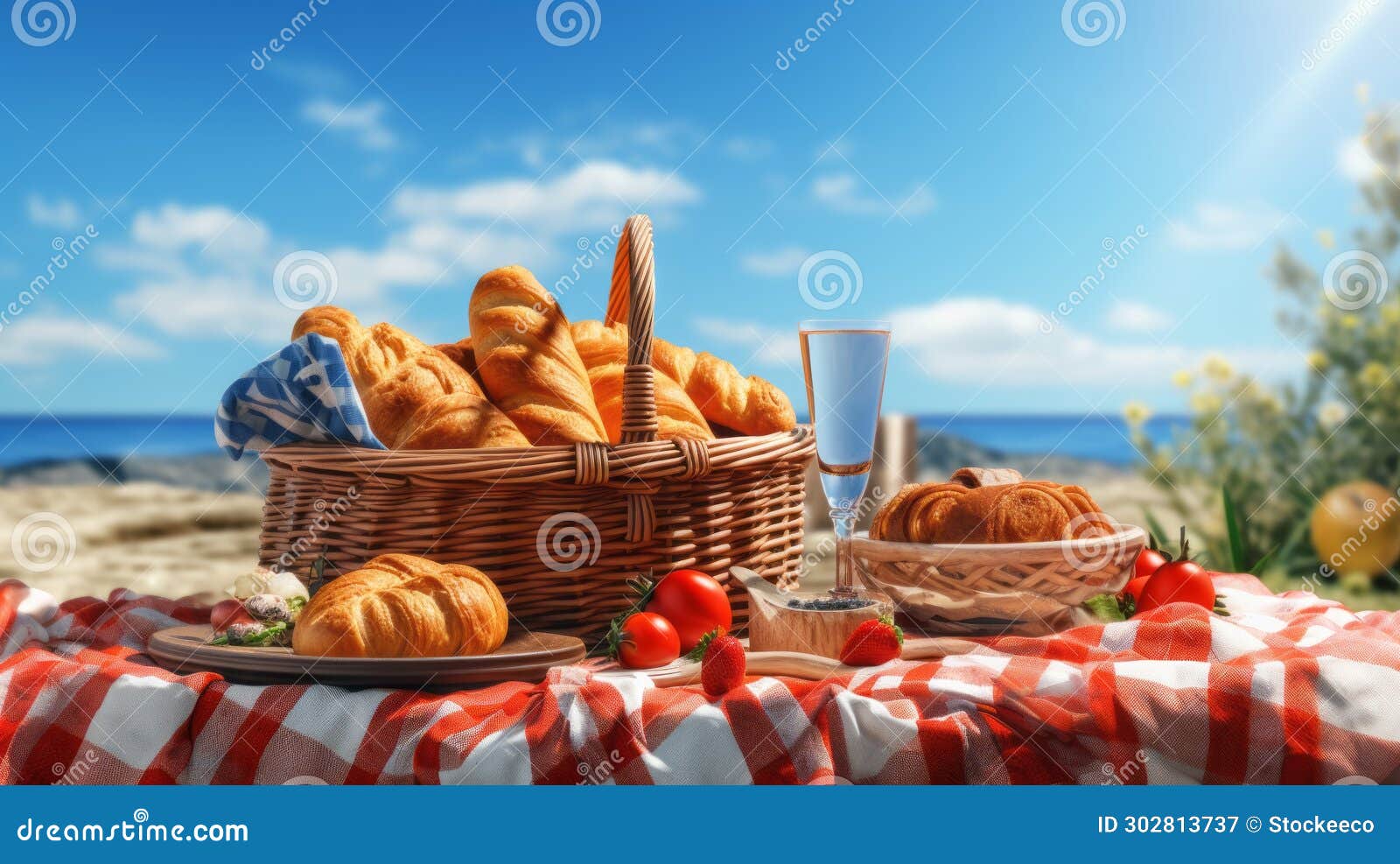 Samosa Picnic Basket on Beach with Bread and Pastries Stock ...