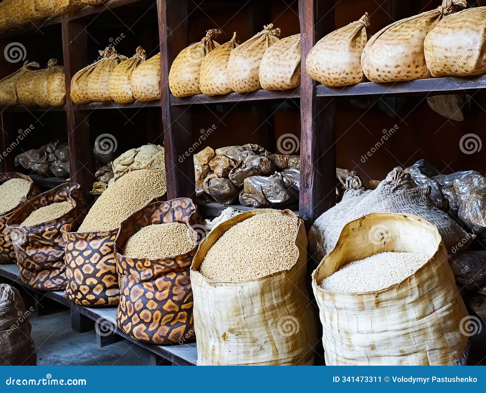 Baskets Filled with Different Types of Rice on Shelves in a Store Stock ...