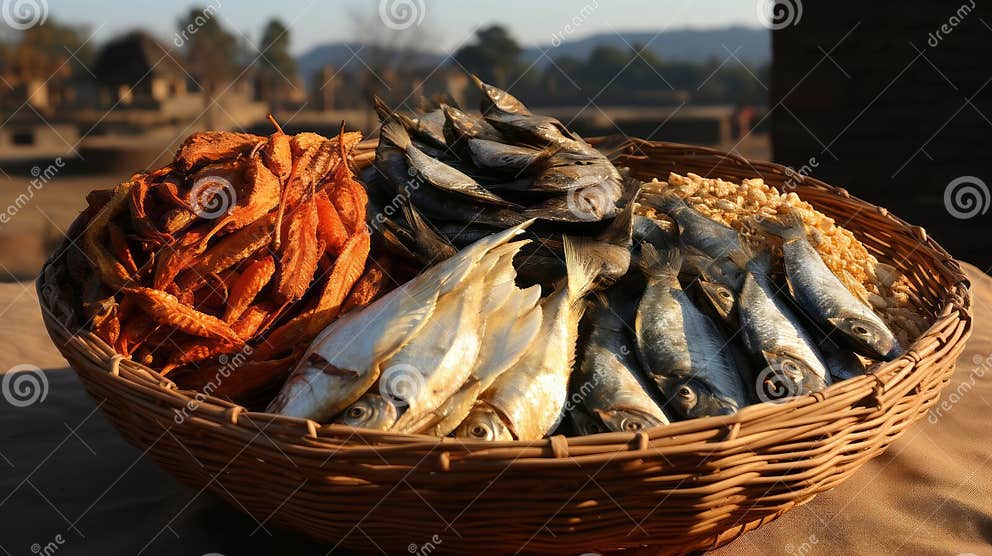 Baskets of Fish and Dried Fish. Generative AI. Stock Illustration ...