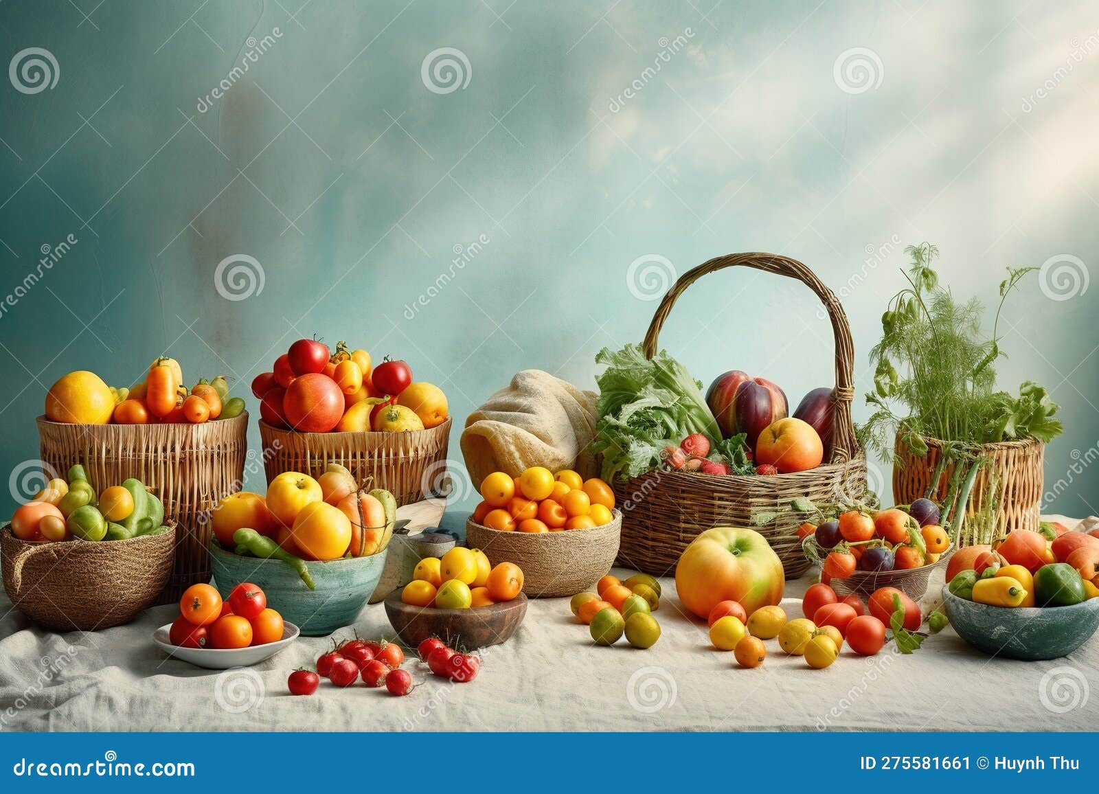 Baskets of Fruit and Vegetable on a Pastel Background Stock ...