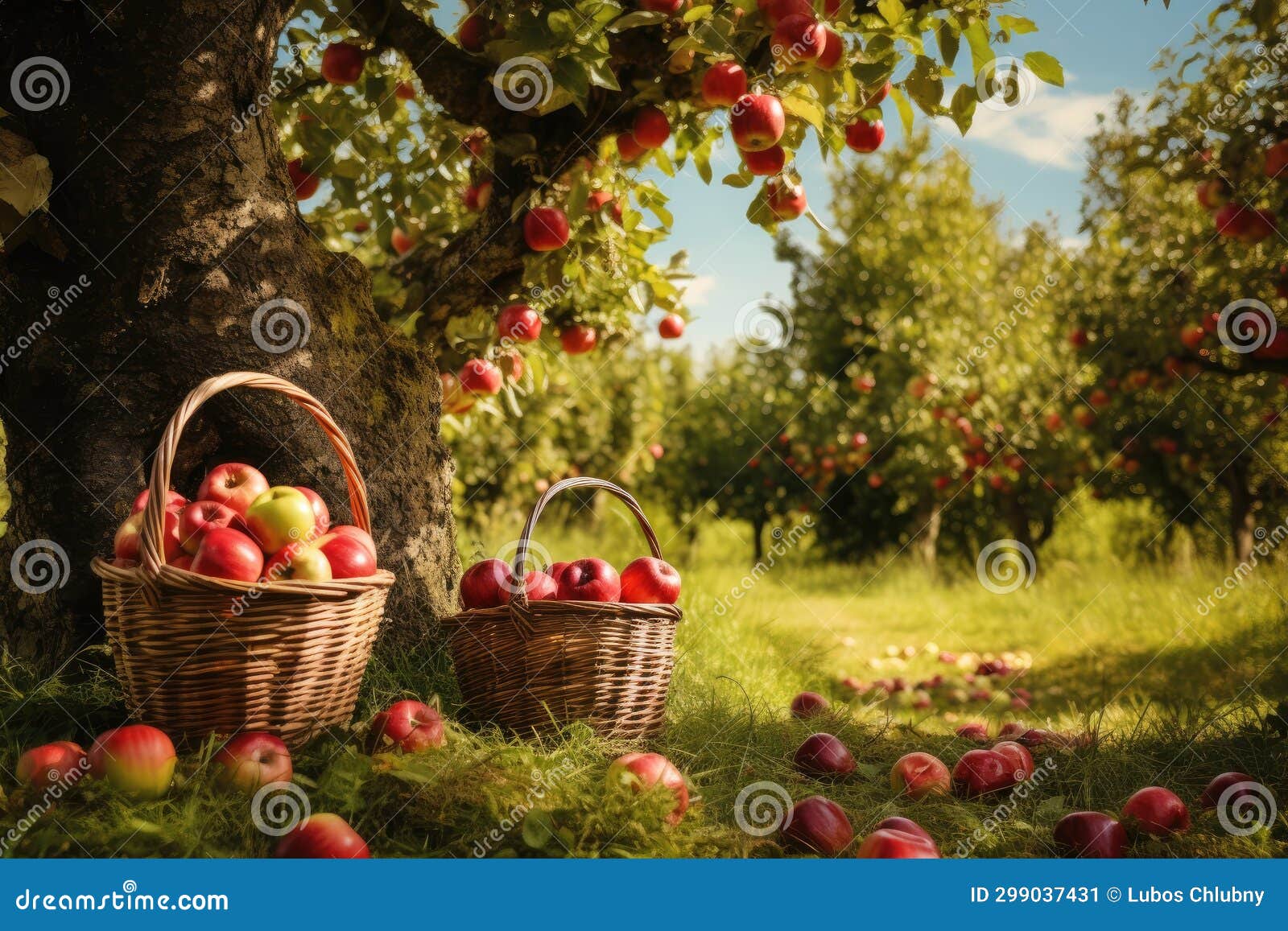 Baskets Full of Apples Under a Tree in an Apple Orchard Stock ...