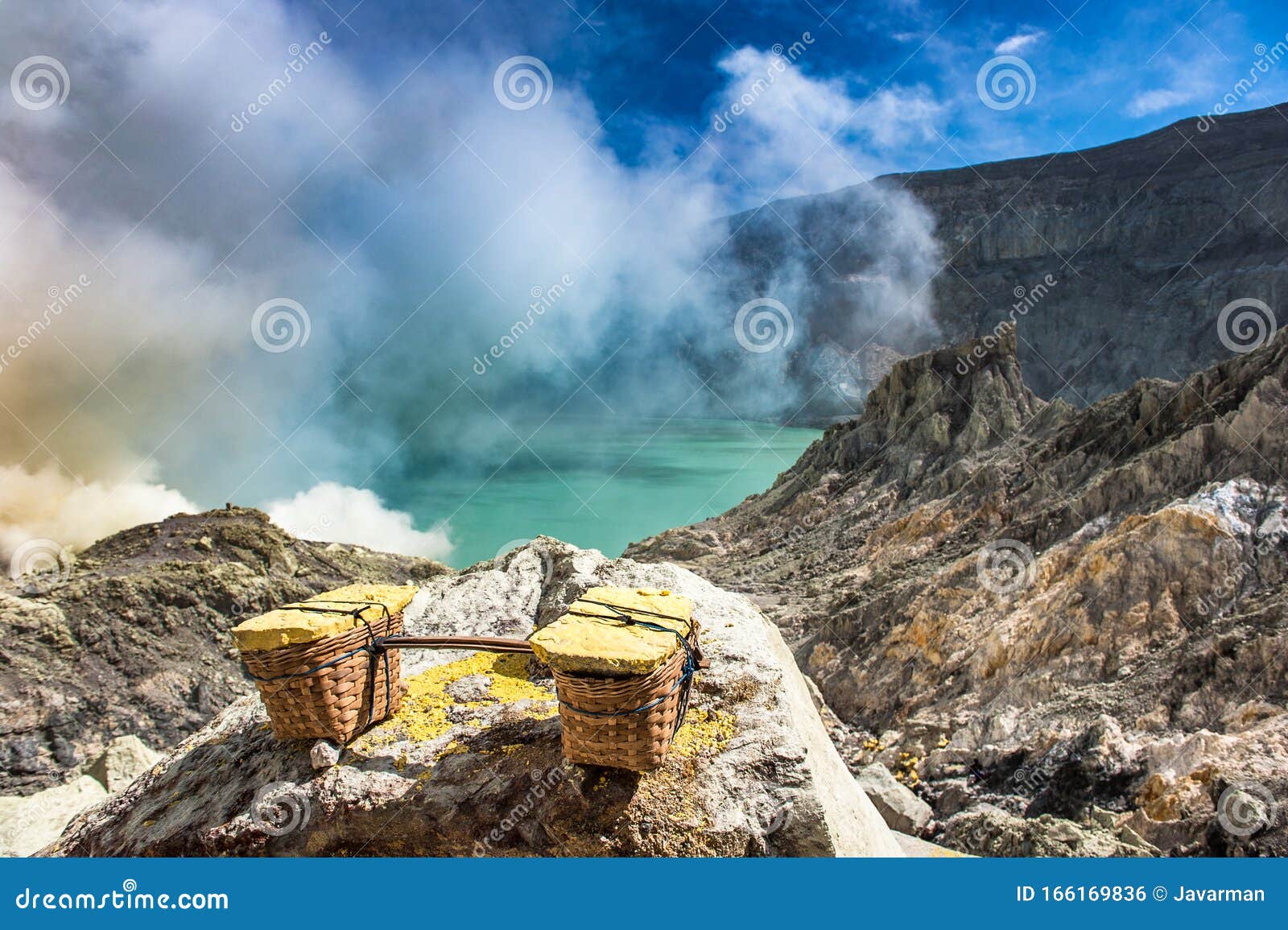 Baskets of Sulfur at Kawah Ijen Volcano, Java, Indonesia Stock Photo ...