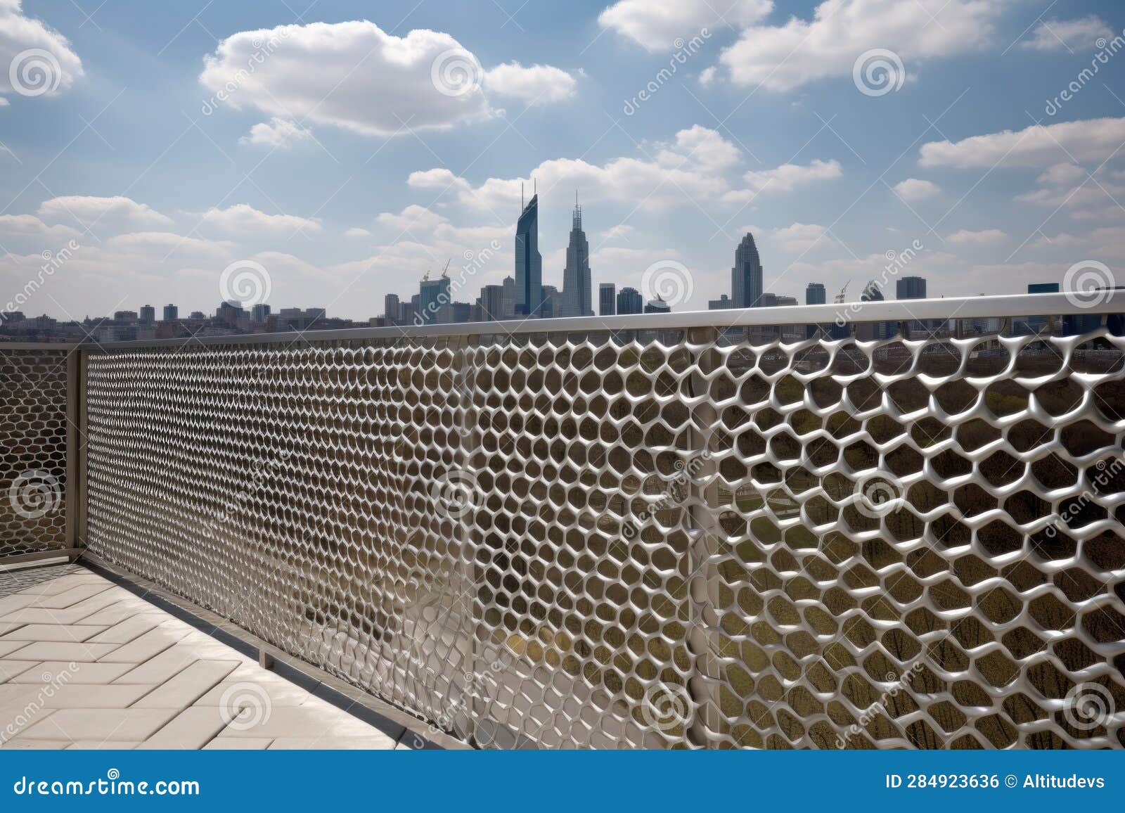 Basketweave Pattern in Metal Railing, with View of City Skyline in the ...