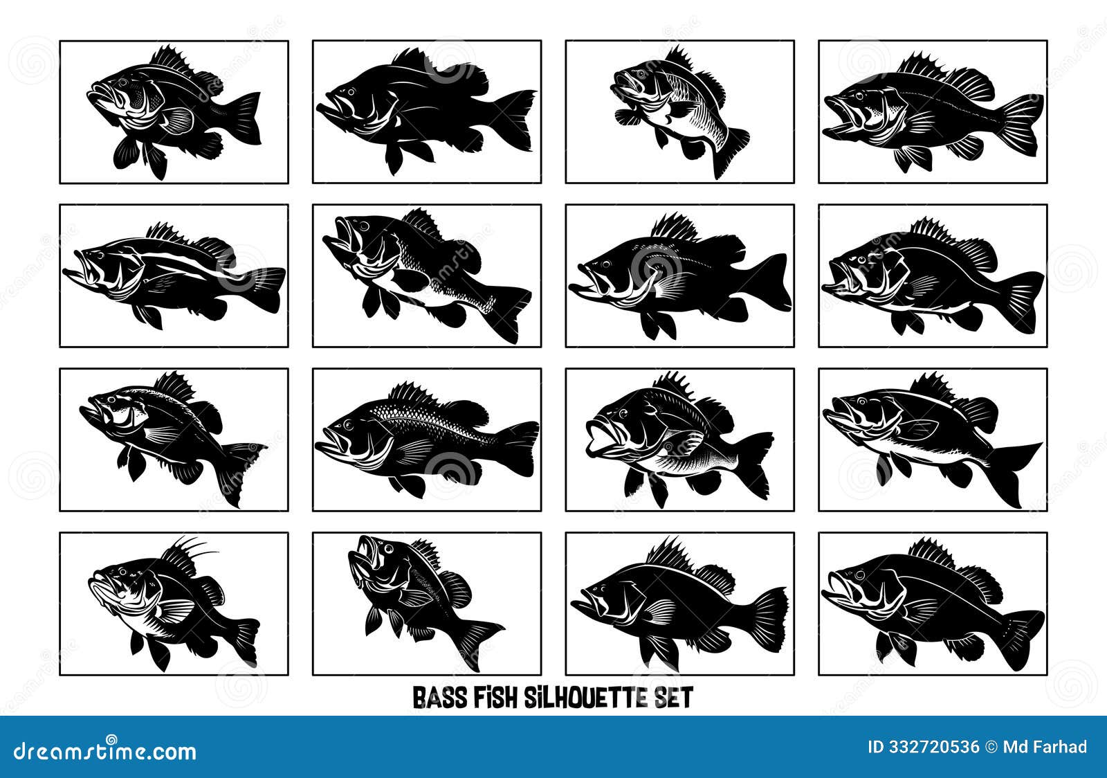 Bass Fish Silhouette Art White Background, Black And White Of ...