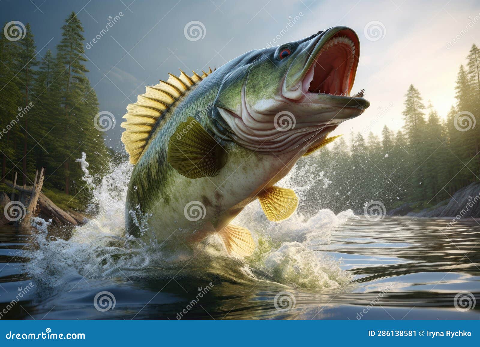 Bass Jumping Out of Water on Lake Stock Illustration - Illustration of ...