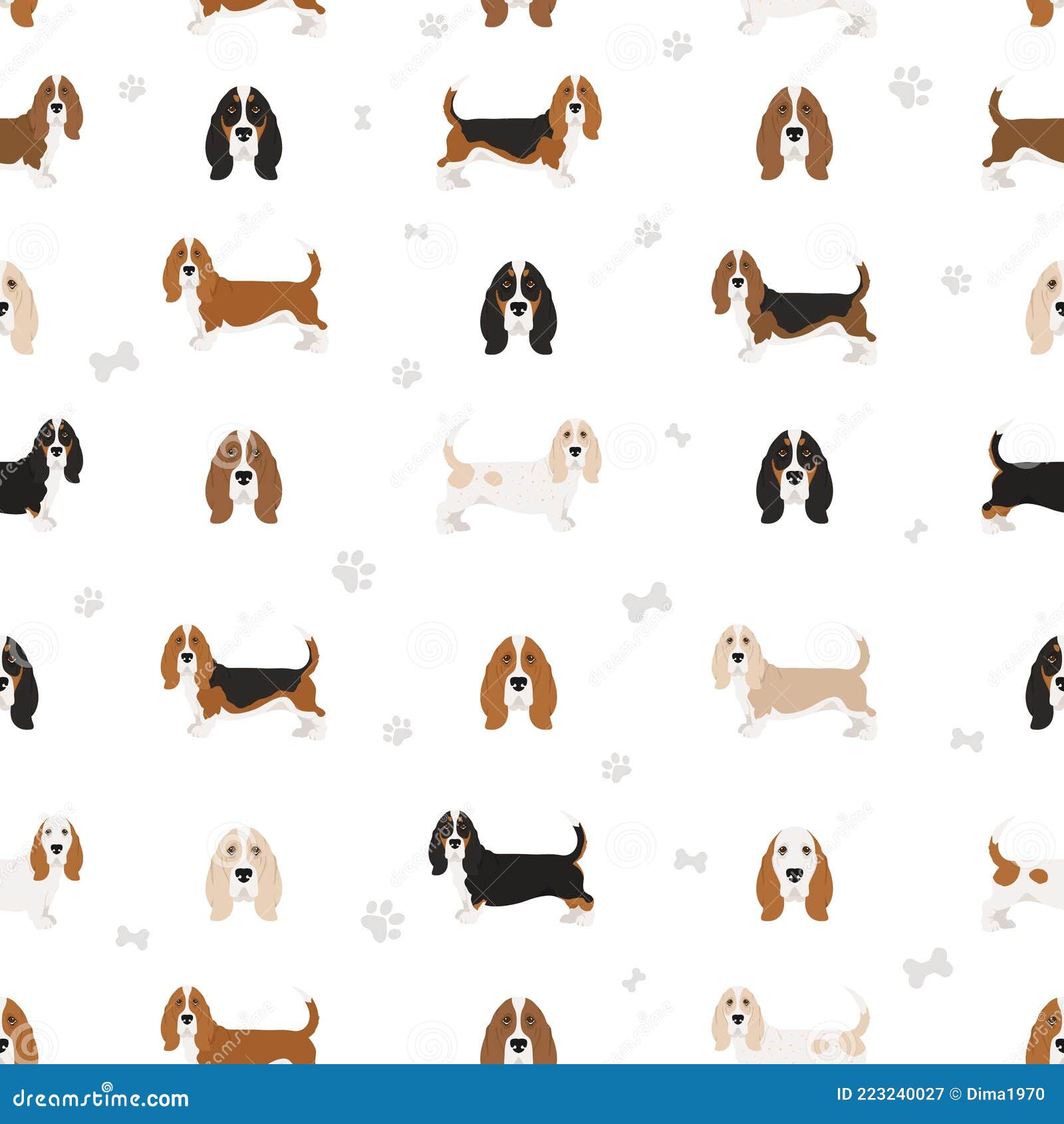 Basset Hound Seamess Pattern. Different Coat Colors and Poses Set Stock ...