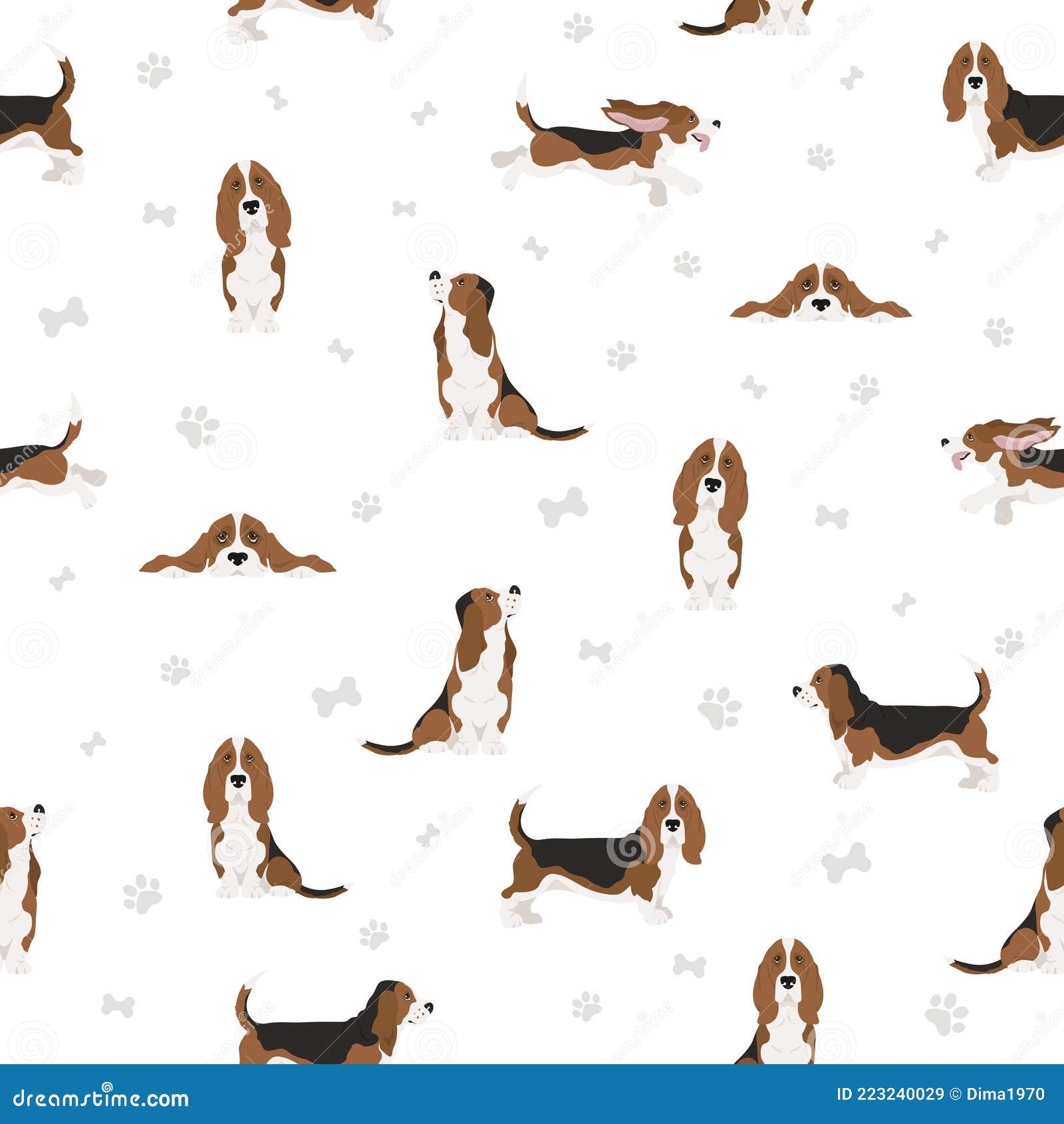 Basset Hound Seamess Pattern. Different Coat Colors and Poses Set Stock ...