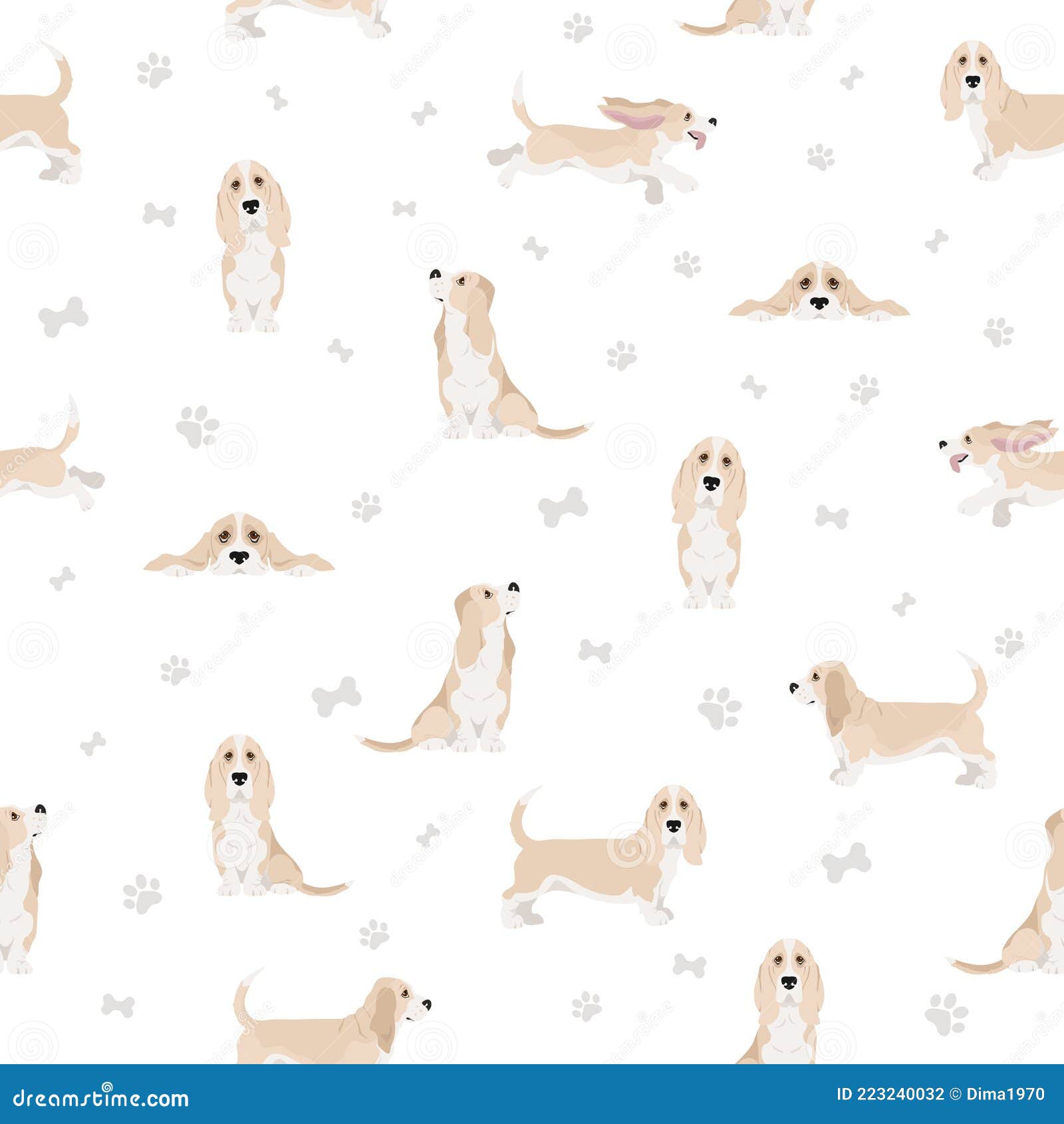 Basset Hound Seamess Pattern. Different Coat Colors and Poses Set Stock ...