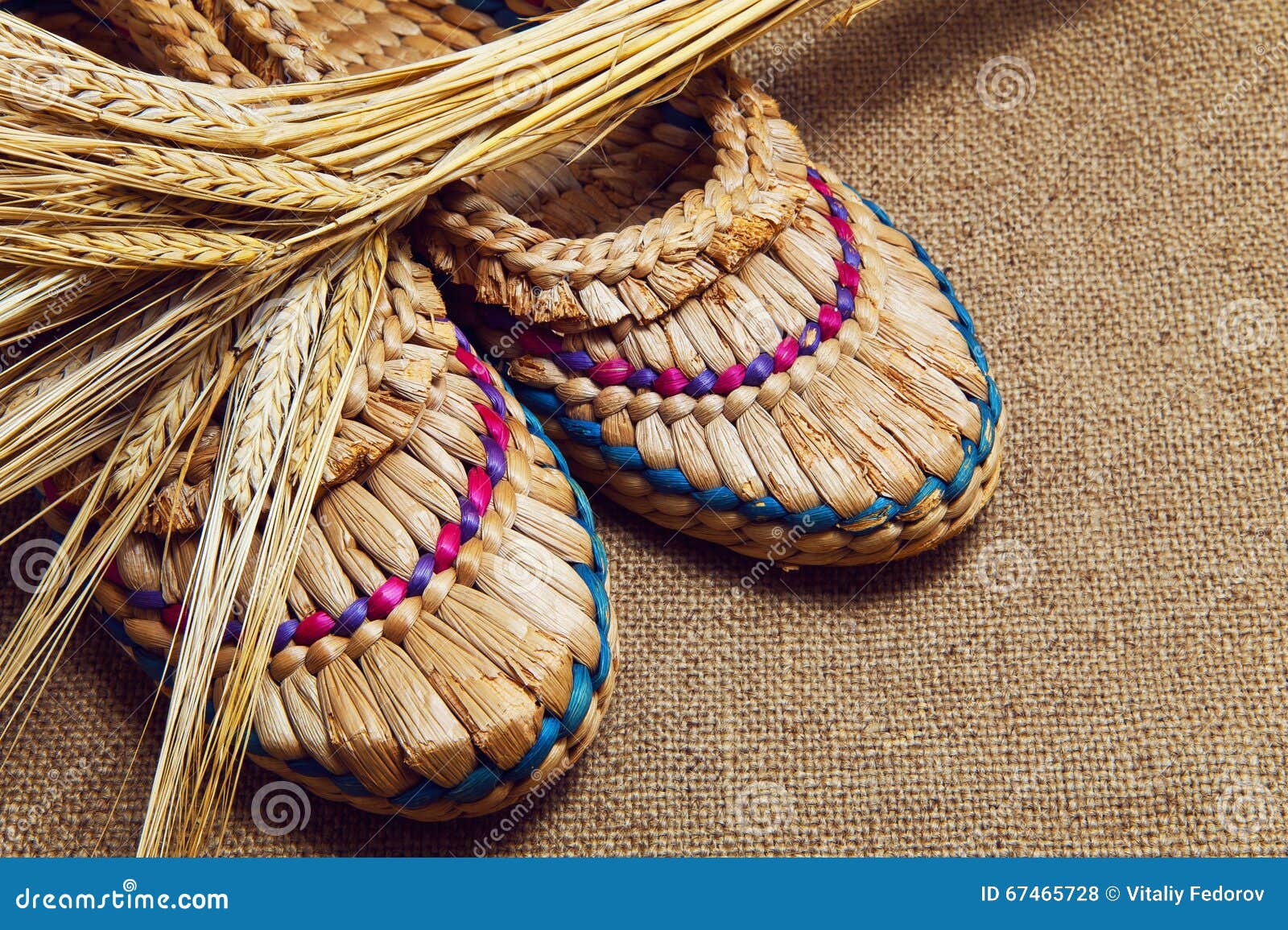 Bast Shoes and Rye on Background of Jute Stock Photo - Image of jute ...