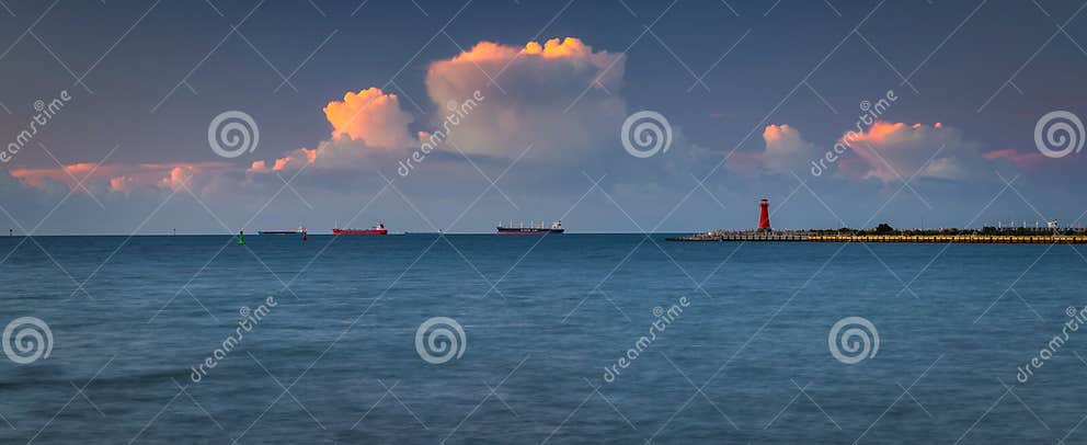 Bastic Sea in Nowy Port Withe the Red Lighthouse at Sunset, Gdansk ...