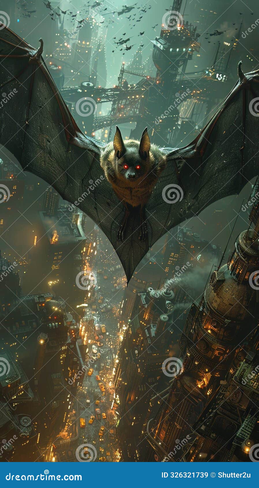 A Bat with Stealth Technology Wings Navigating through a Dark Cyberpunk ...