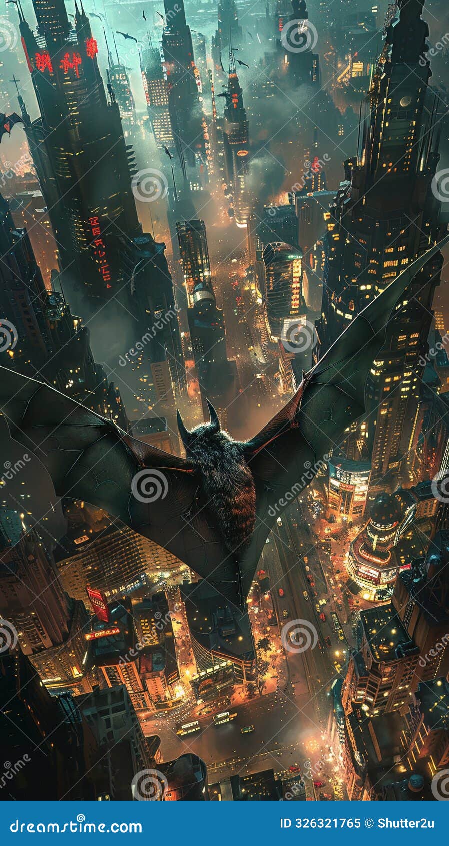 A Bat with Stealth Technology Wings Navigating through a Dark Cyberpunk ...