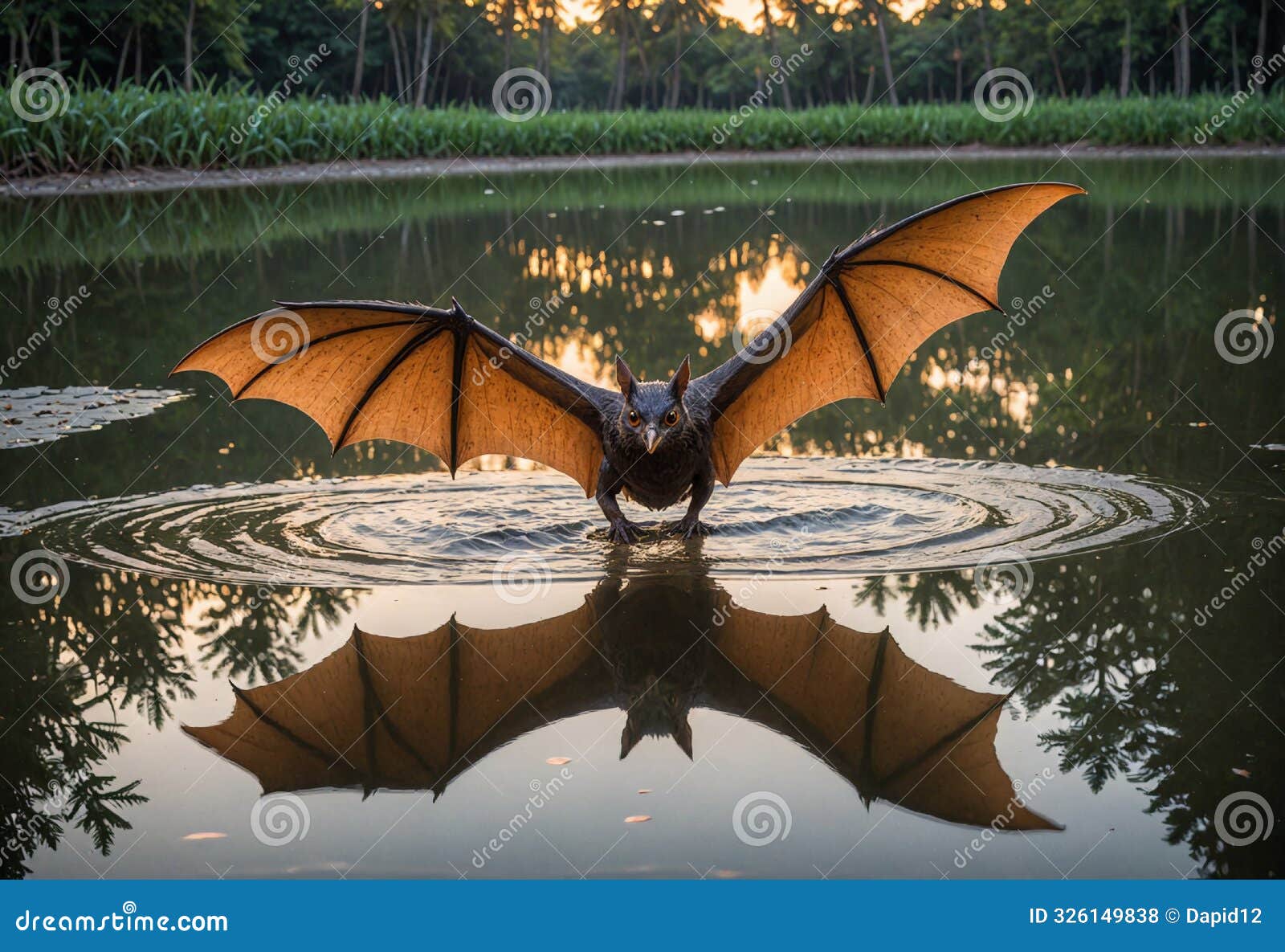 A Bat with Wings Spread Out Over the Water with the Reflection of Bat ...