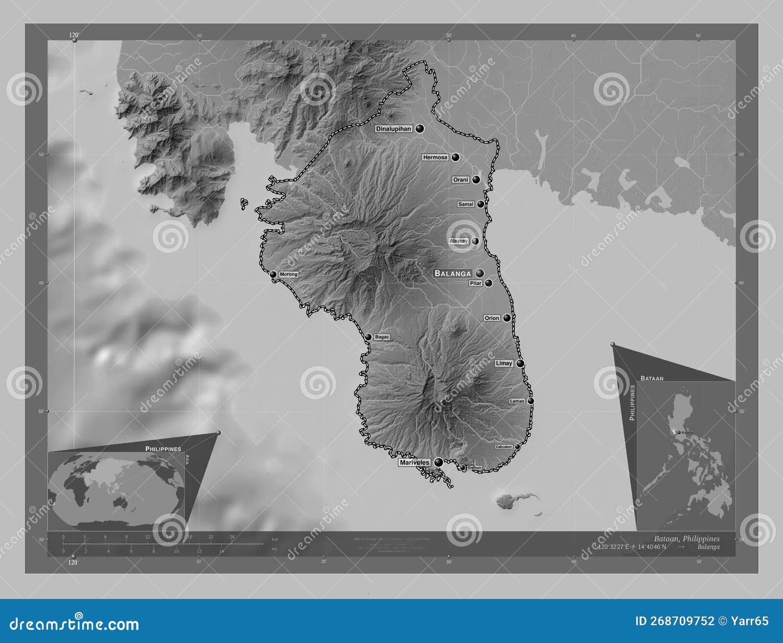 Bataan, Philippines. Grayscale. Labelled Points of Cities Stock ...