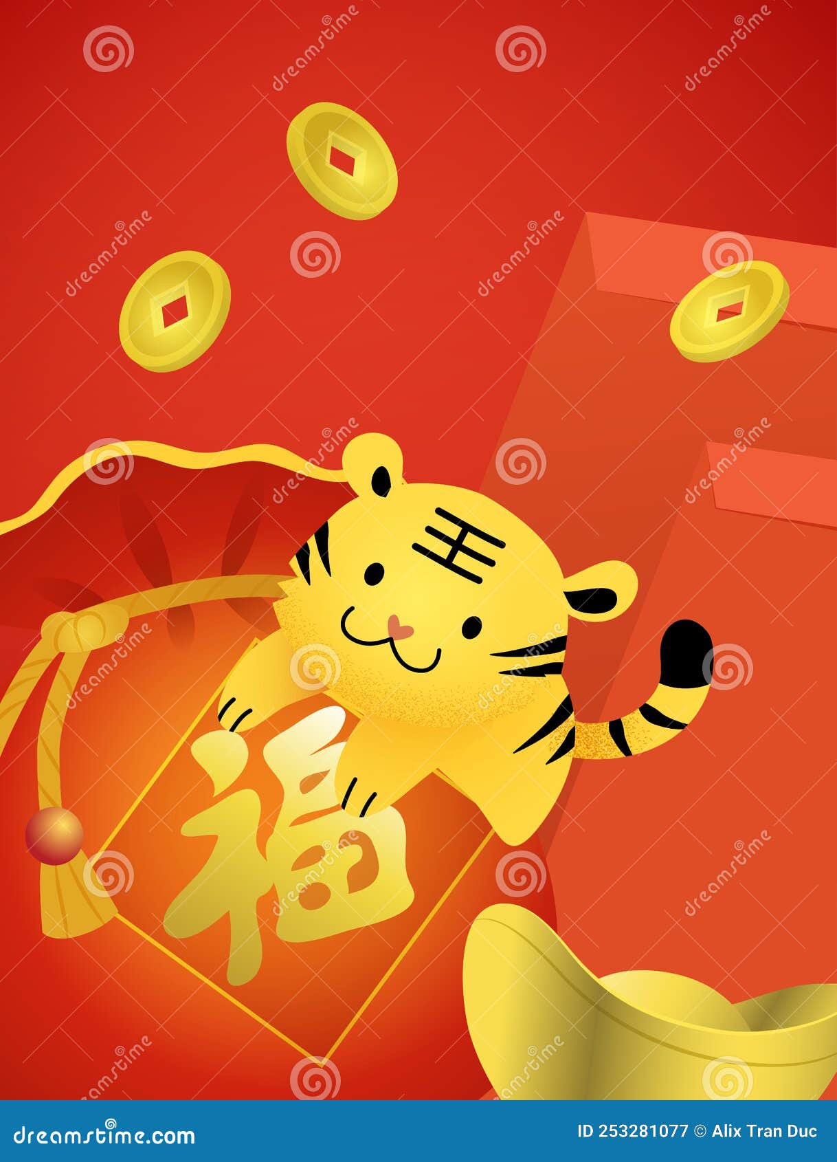 Zodiac Tiger with Luck Money Bag, Red Envelopes and Lucky Coins Stock ...