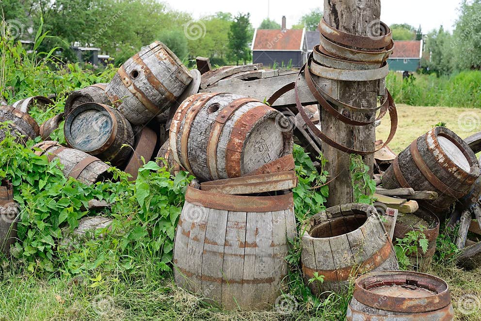 Batch of Old Wooden Broken Barrels Gathered Stock Image - Image of ...