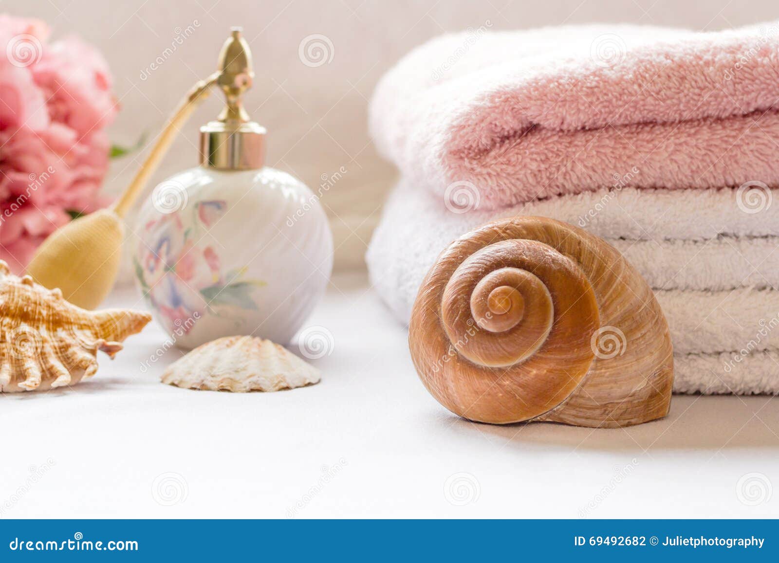 Bath Arrangement with Towels and Seashells Stock Photo - Image of home ...