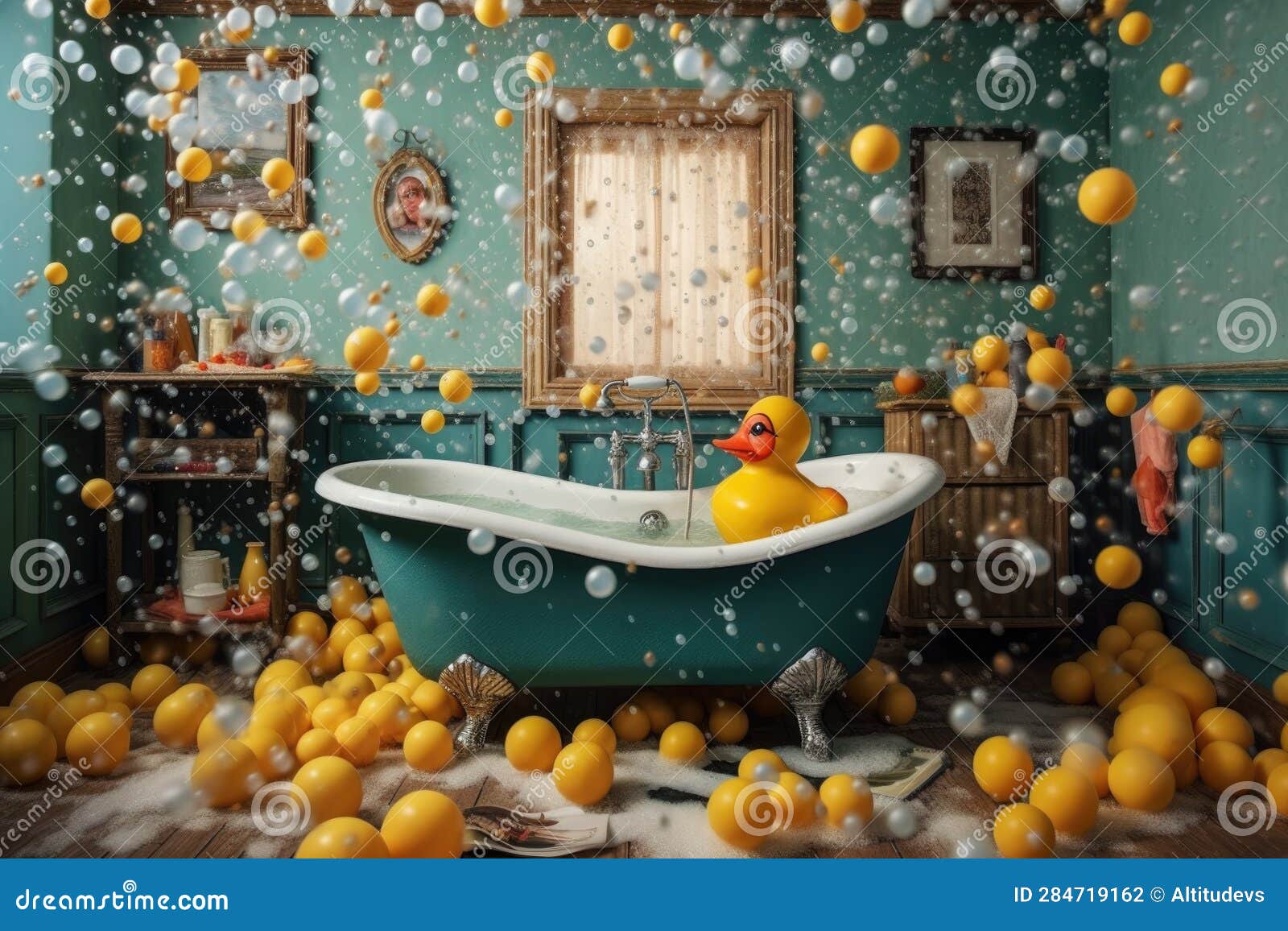 Bath Overflowing with Bubbles and Rubber Duck Floating Stock Photo ...