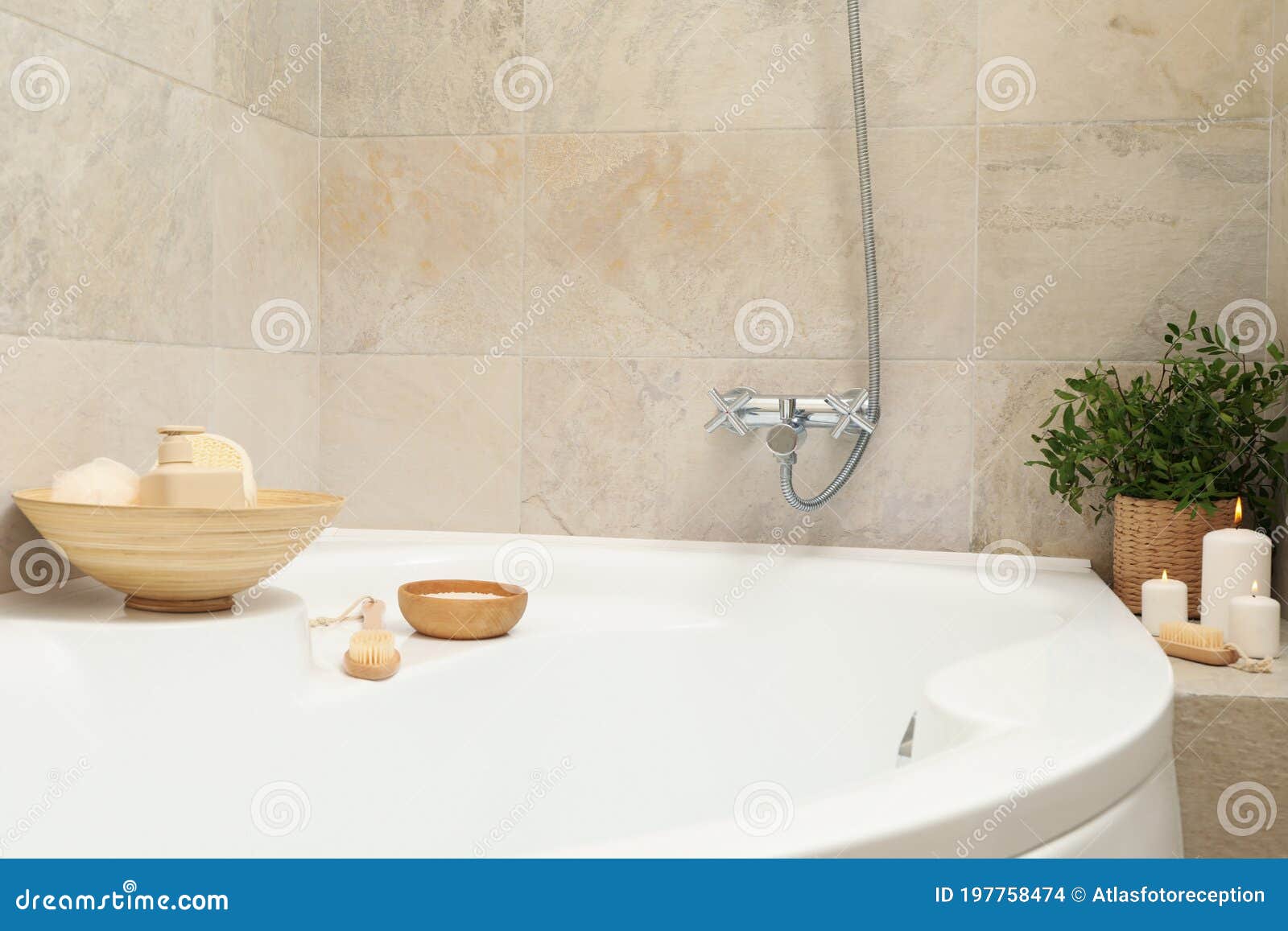 Bath with Personal Hygiene Accessories in Light Beige Bathroom Stock ...