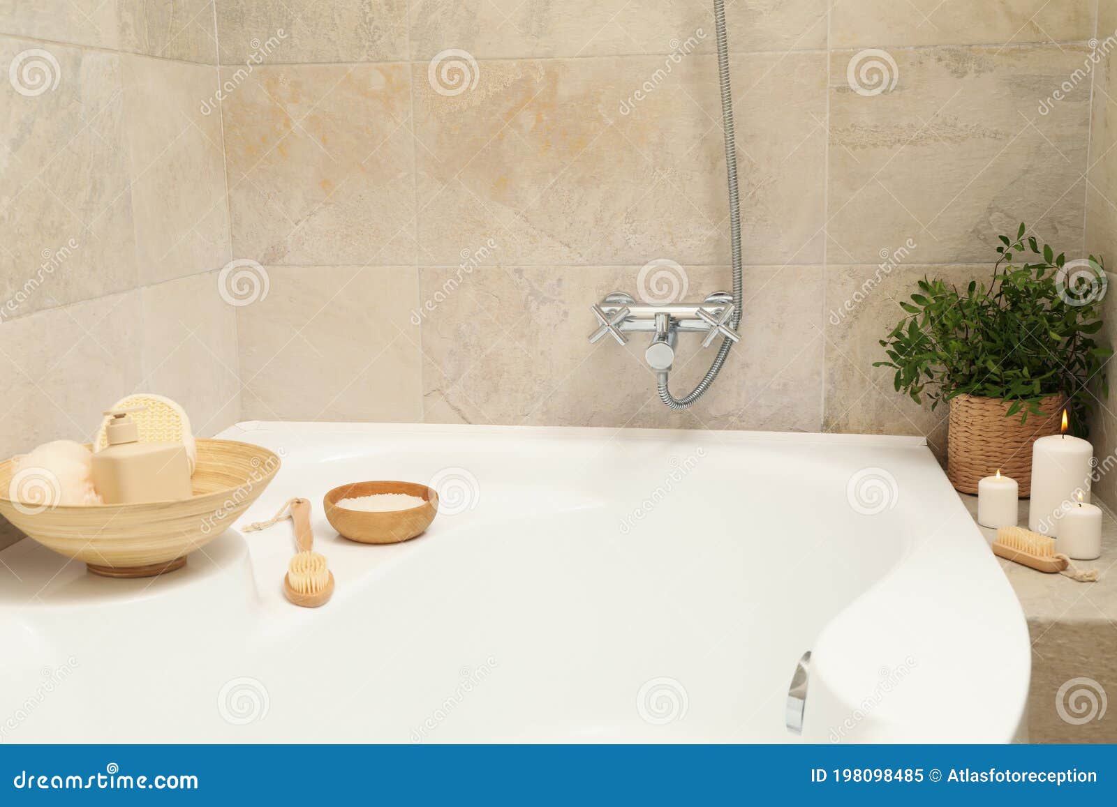 Bath with Personal Hygiene Accessories in Light Beige Bathroom Stock ...