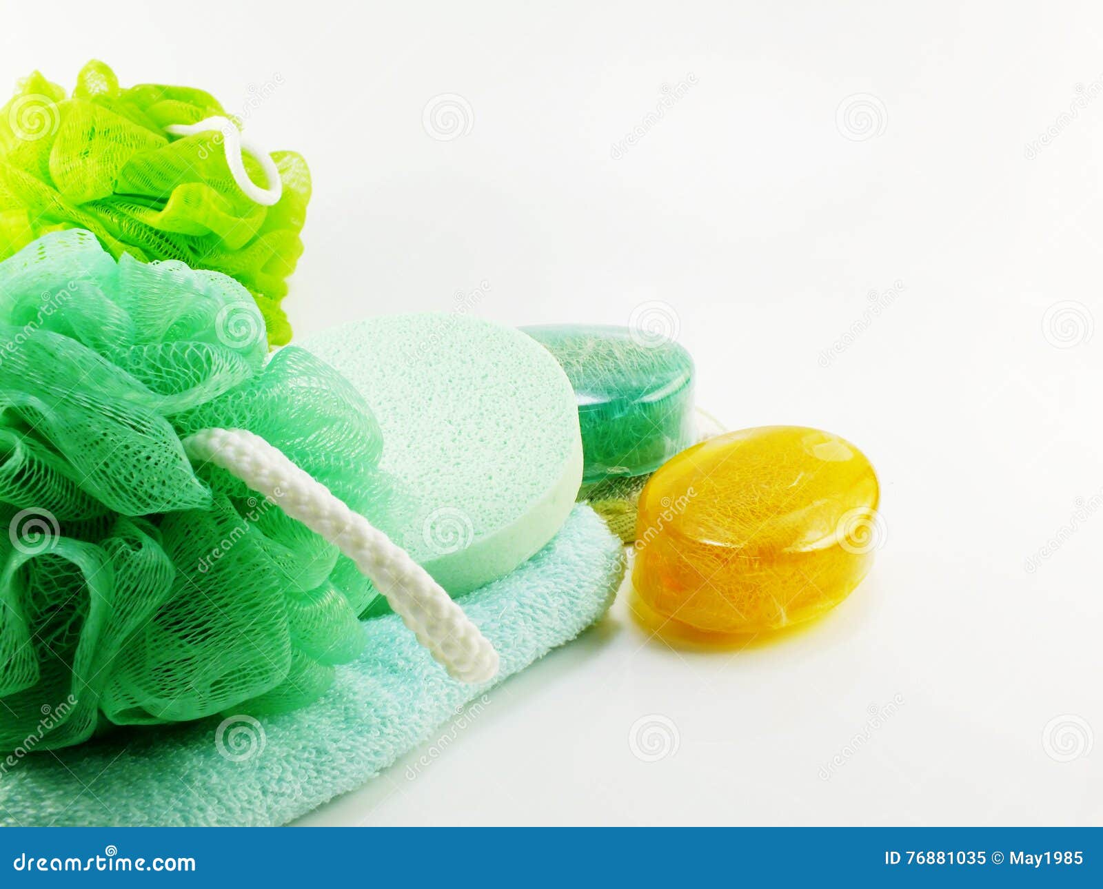 Bath Puff and Sponge with Towel on White Background Stock Image - Image ...