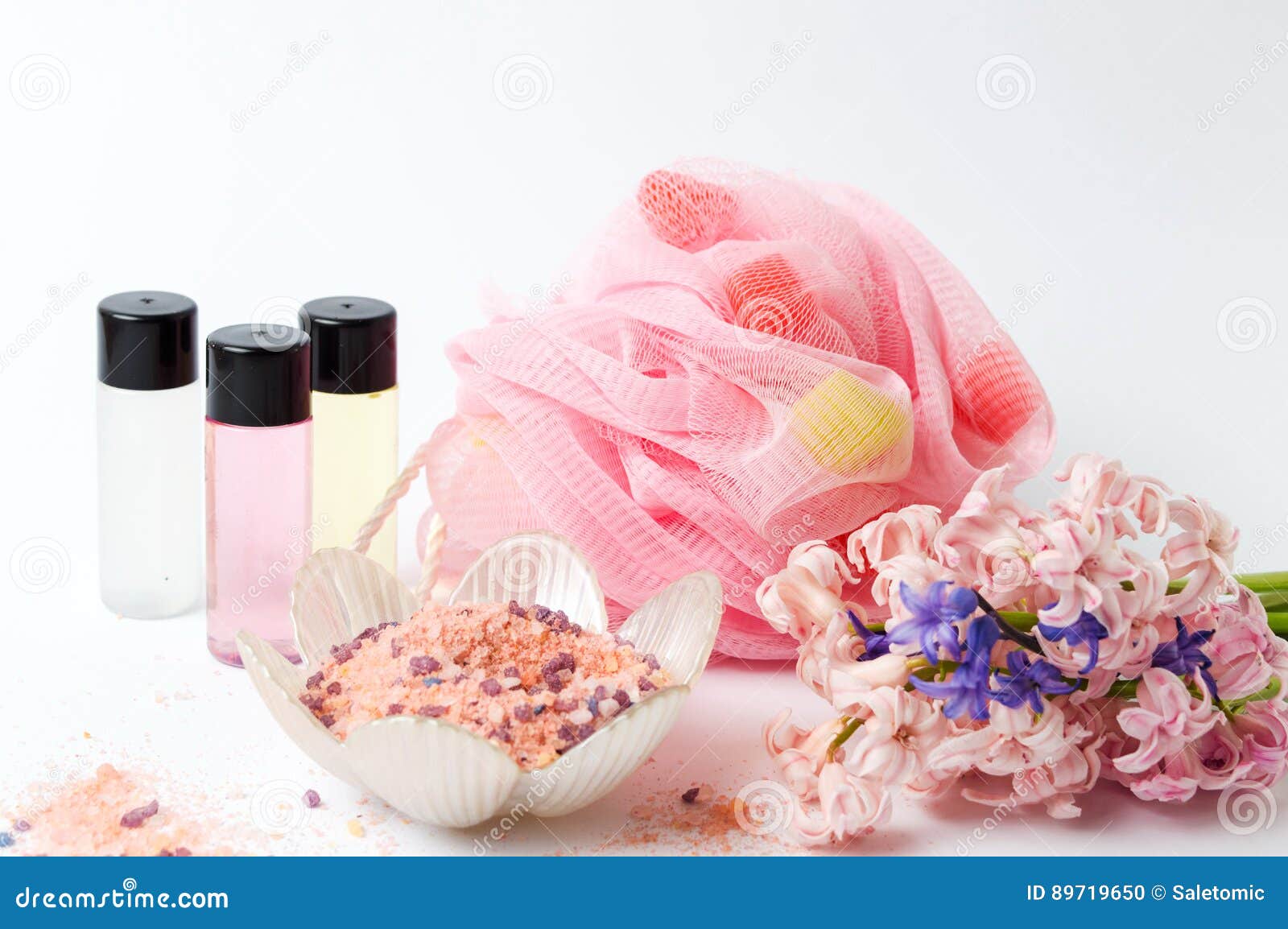 Bath Salt with Sponge and Essential Oils Stock Photo - Image of ...