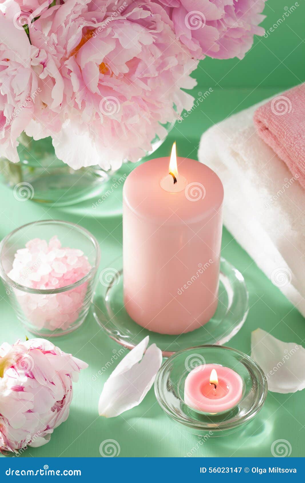 Bath and Spa with Peony Flowers Candles Towels Stock Image - Image of ...