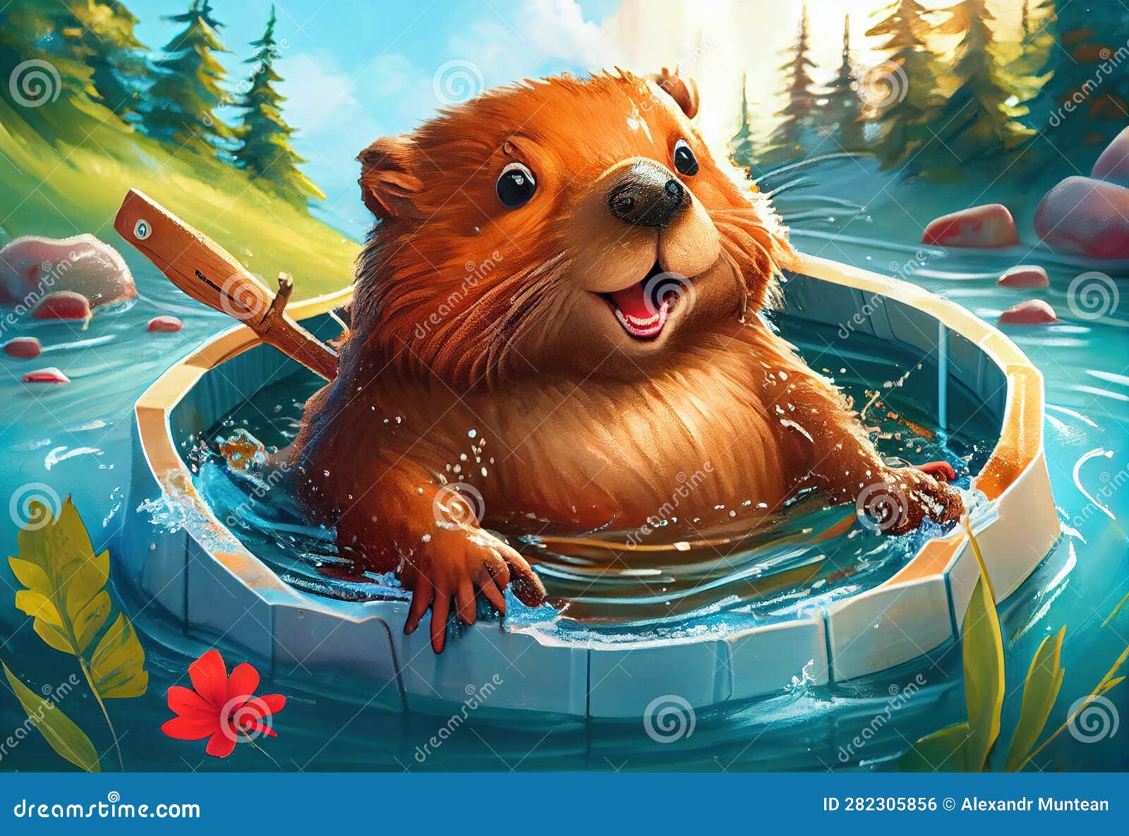 Bathing beaver. stock illustration. Illustration of adorable - 282305856