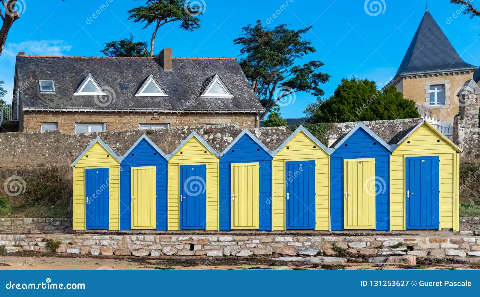 Bathing huts on the beach stock image. Image of morbihan - 131253627