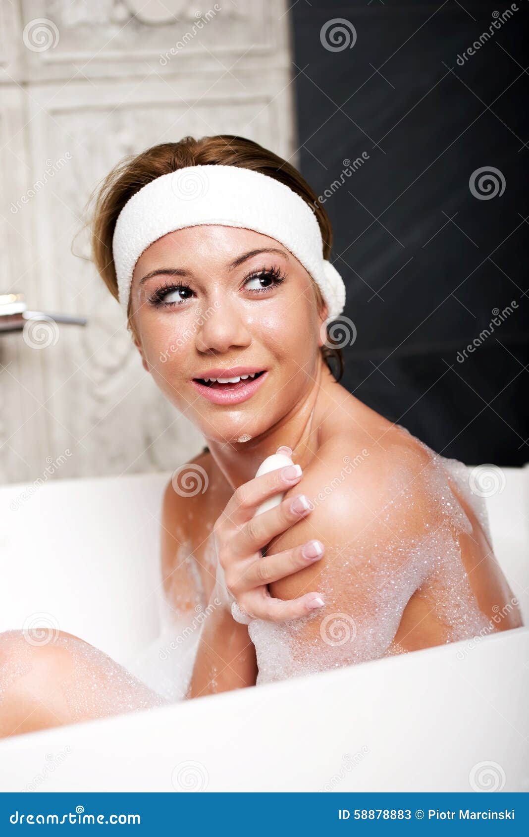 Bathing Woman Cleaning Herself with Soap. Stock Image - Image of ...