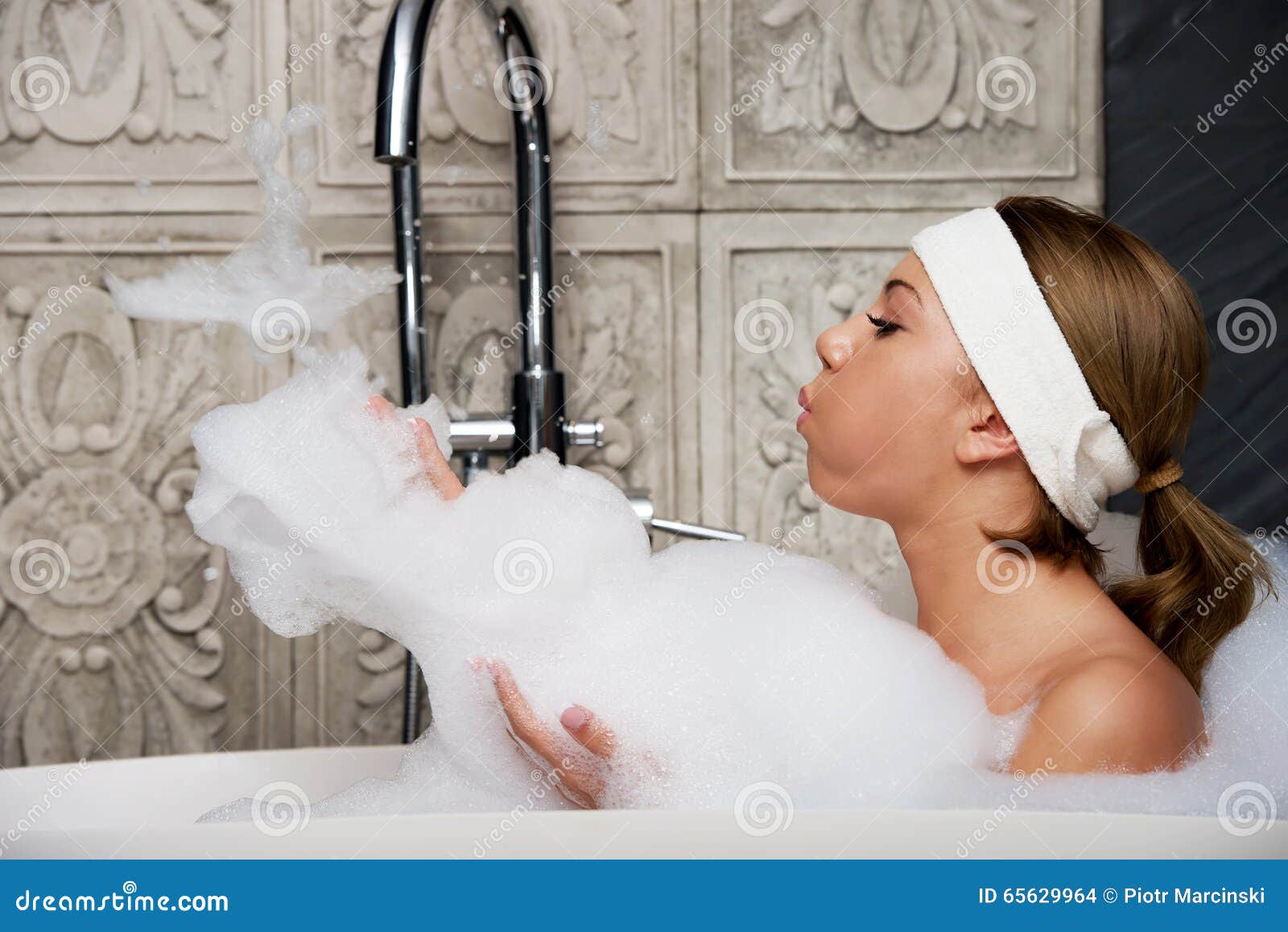 Bathing Woman Relaxing in Bath. Stock Photo - Image of foam, lying ...