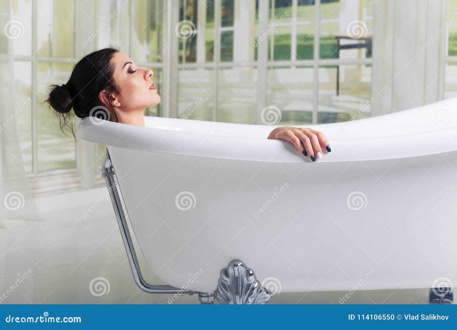 Bathing Woman Relaxing in Bath Smiling Relaxing with Eyes Closed Stock ...