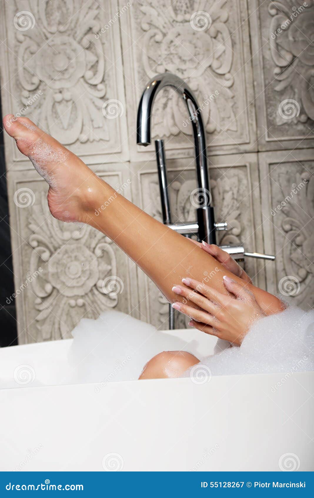 Bathing Woman S Leg in Bath. Stock Image - Image of body, happy: 55128267