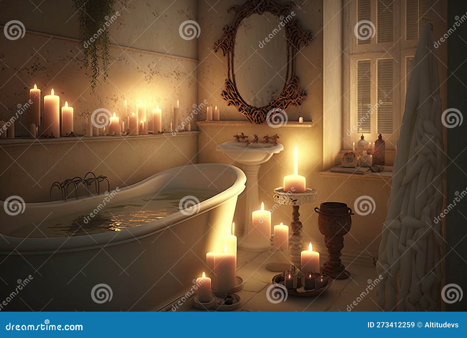 Bathroom with Candles and Dimmed Lighting, Creating Romantic and Serene ... Bathroom with Candles and Dimmed Lighting, Creating Romantic and Serene ...